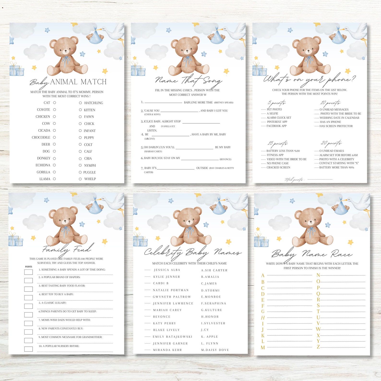 Teddy Bear Baby Shower Games, Boy Baby Shower Game Bundle, Bear Themed Bingo,editable Game, Blue ...