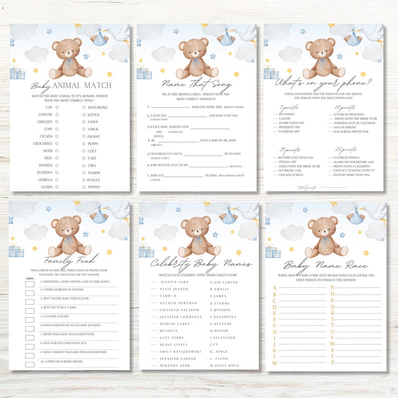 Teddy Bear Baby Shower Games, Boy Baby Shower Game Bundle, Bear Themed Bingo,editable Game, Blue ...