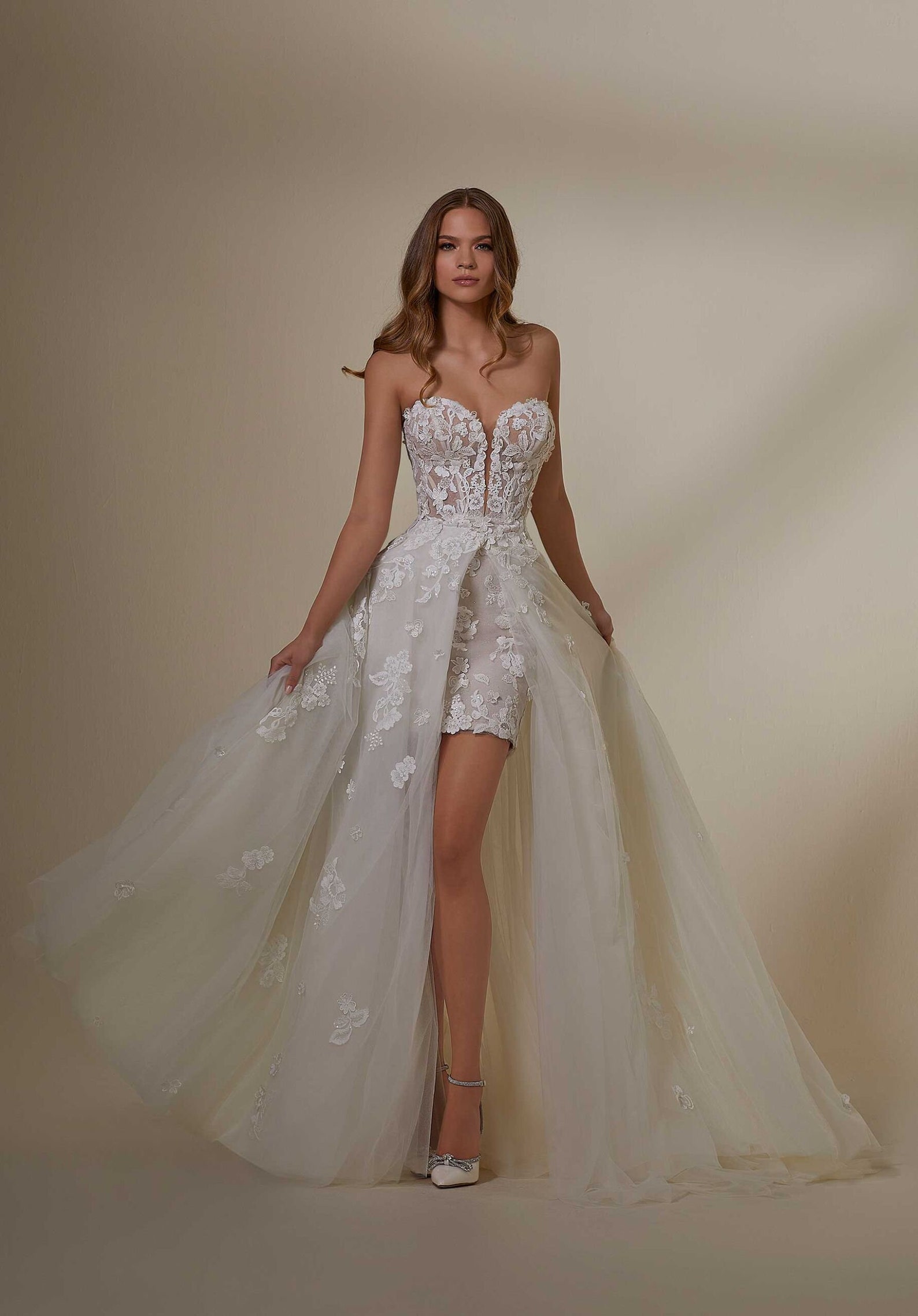 Mini Short Lace Dress With Detachable Long Train and Long Bell Sleeves ...