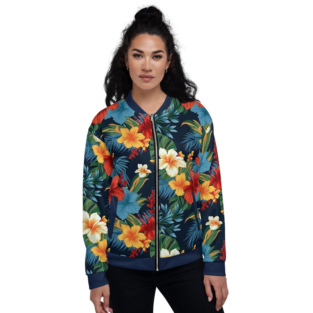 Unisex Dark Blue Hawaiian Bomber Jacket, Statement Piece, Bold Print ...