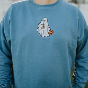 Embroidered Iced Coffee Ghost Crewneck, Halloween Sweatshirt, Cute ...