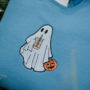 Embroidered Iced Coffee Ghost Crewneck, Halloween Sweatshirt, Cute ...