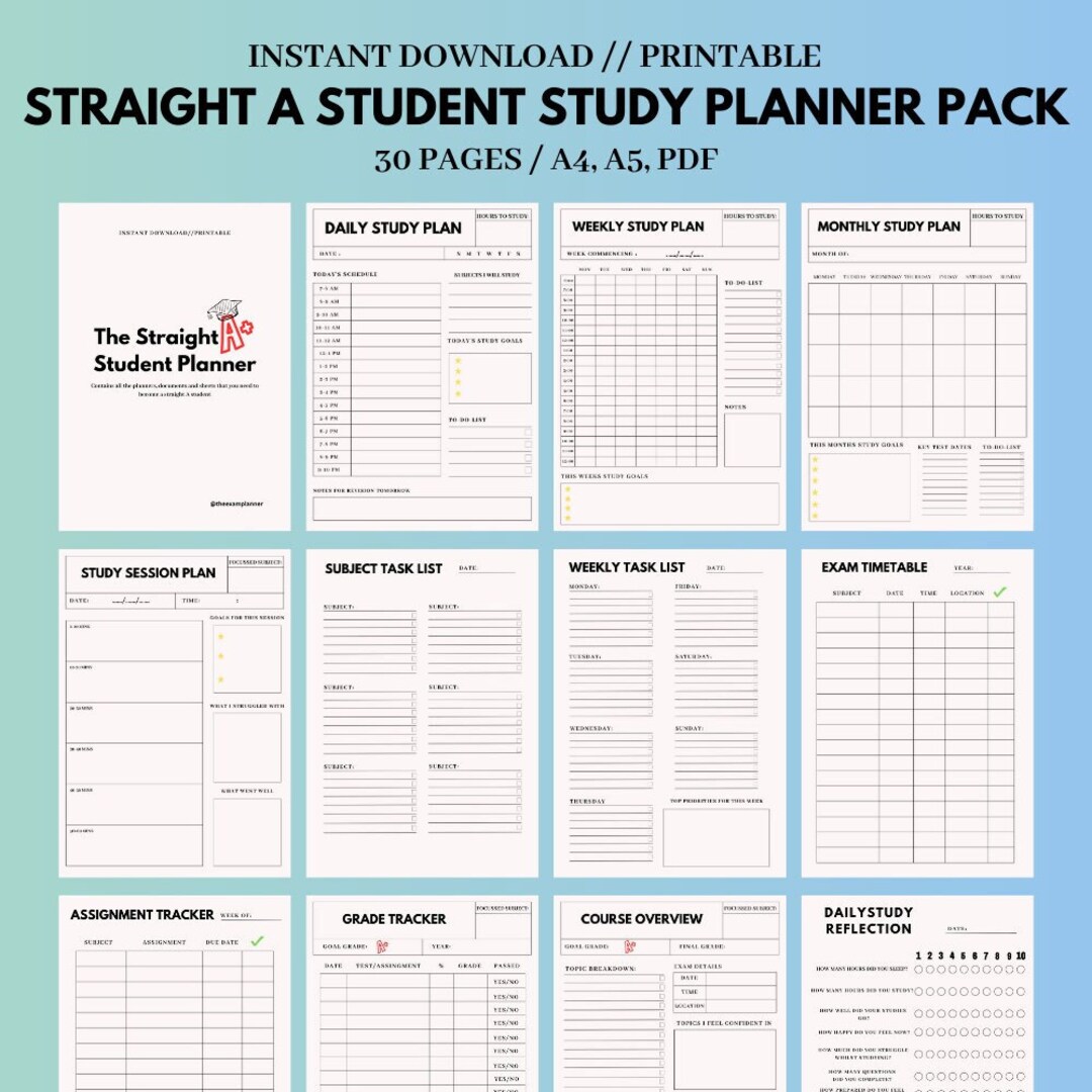 Printable Student Study Planner Bundle High School Academic Planner College Digital Planner Pack ...