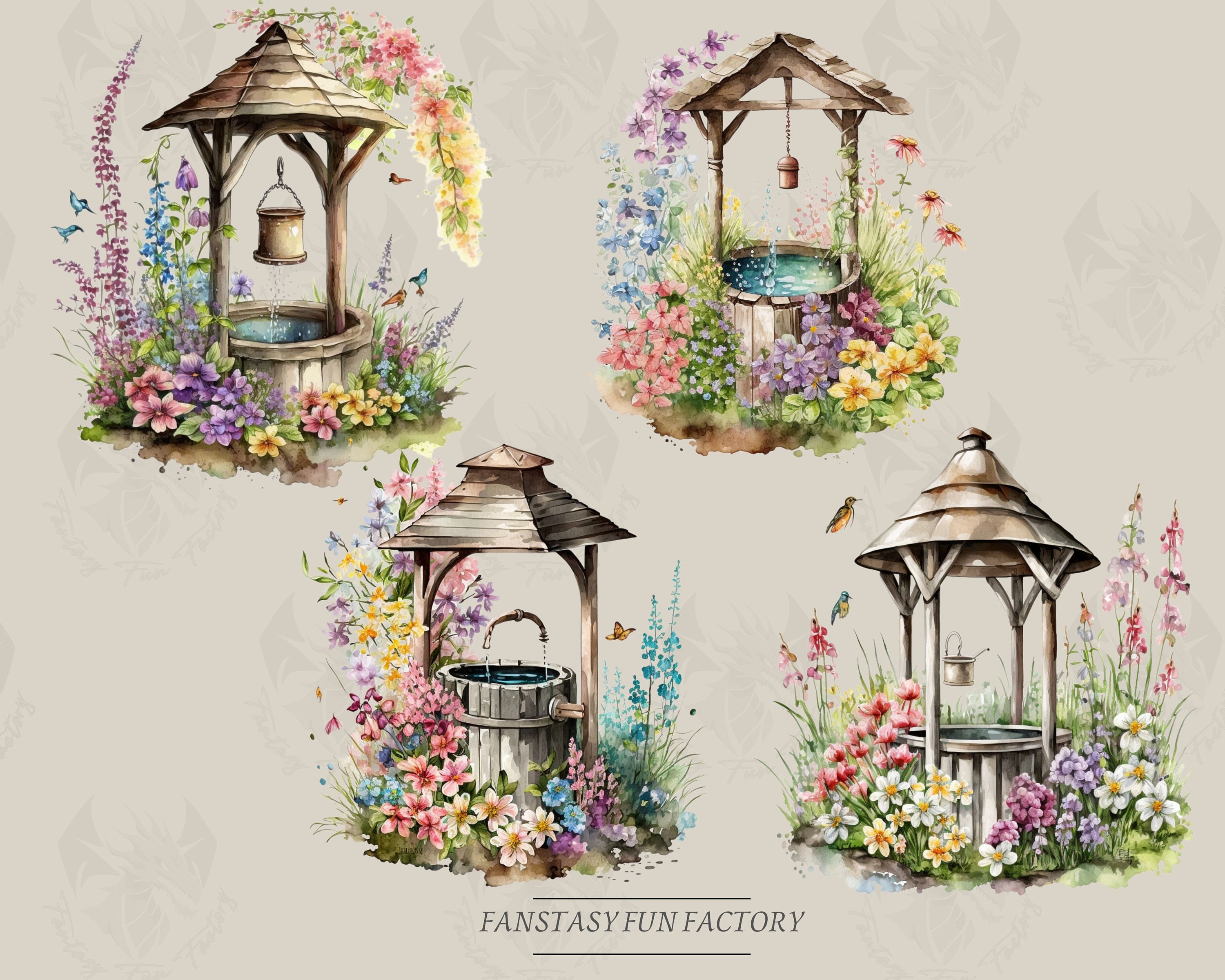 Watercolor Spring Well With Flowers Clipart Flowers Blossom - Etsy