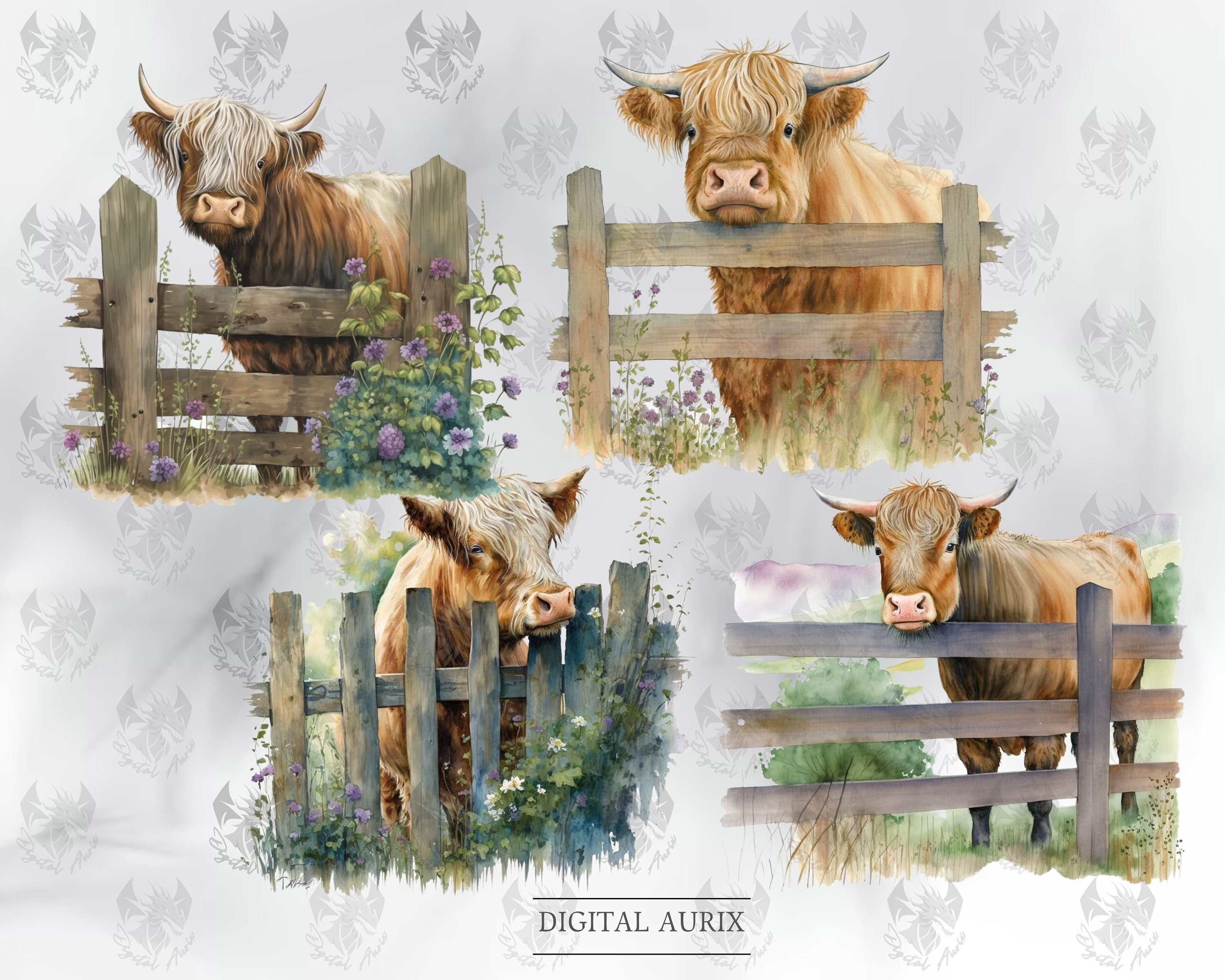 Highland Cows at the Porch Clipart, Highland Cow Png, Watercolor ...