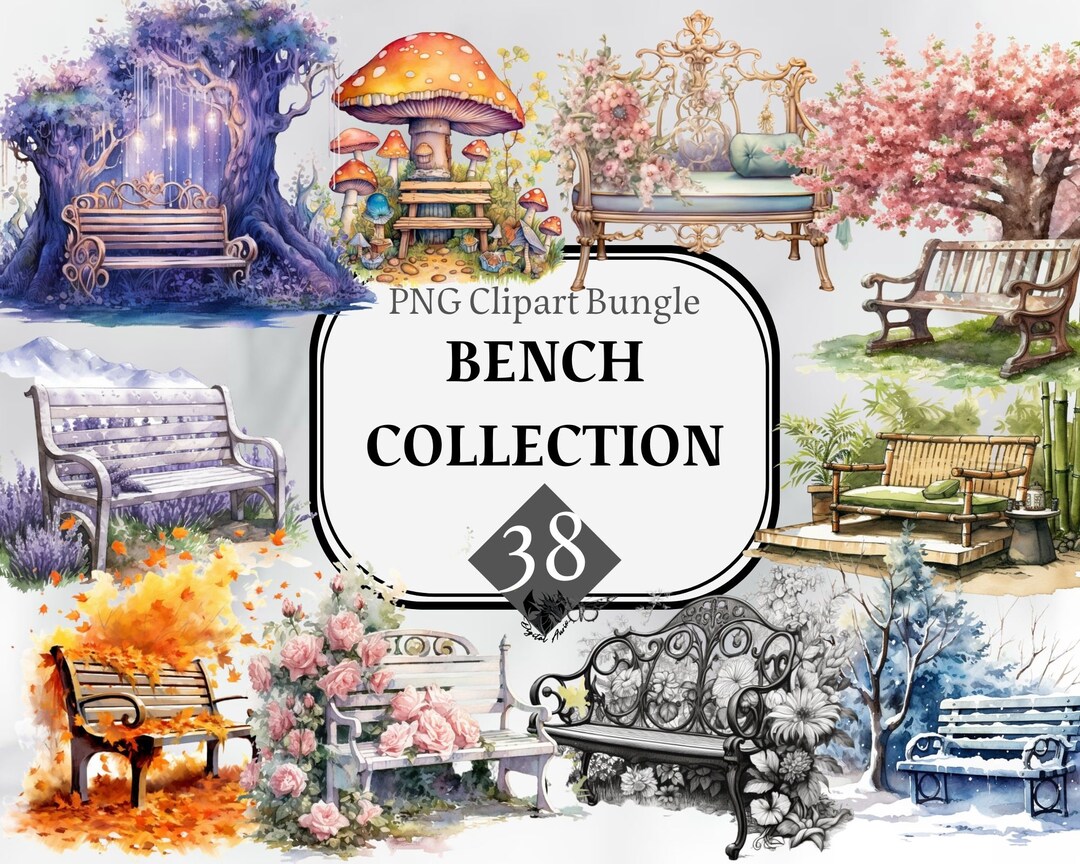 Watercolor Garden Bench Cliprt, Garden Bench, Spring, Flower, Blosson ...