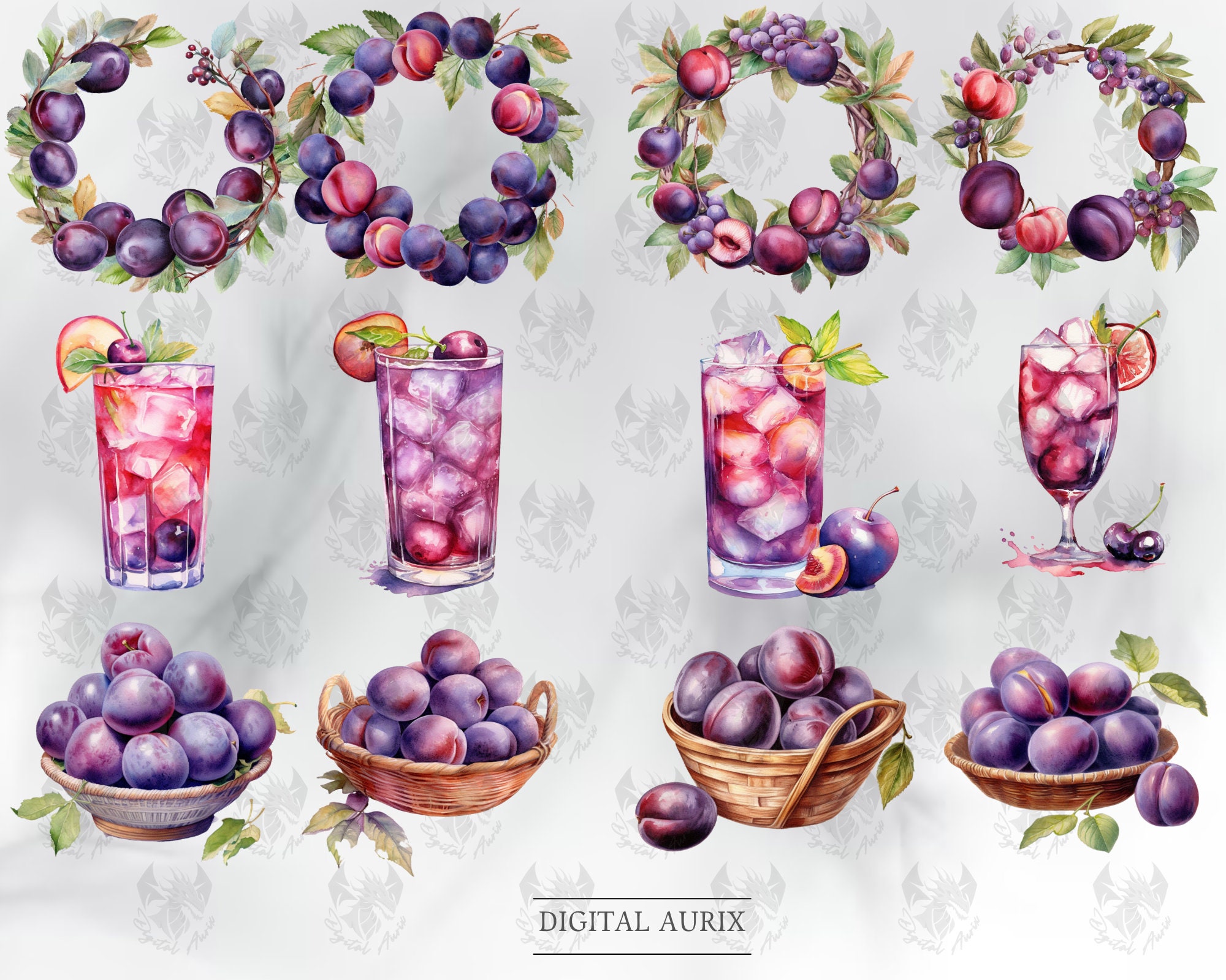 Watercolor Plums Clipart, Digital Png, Plum Cupcake, Shortcake Graphics ...
