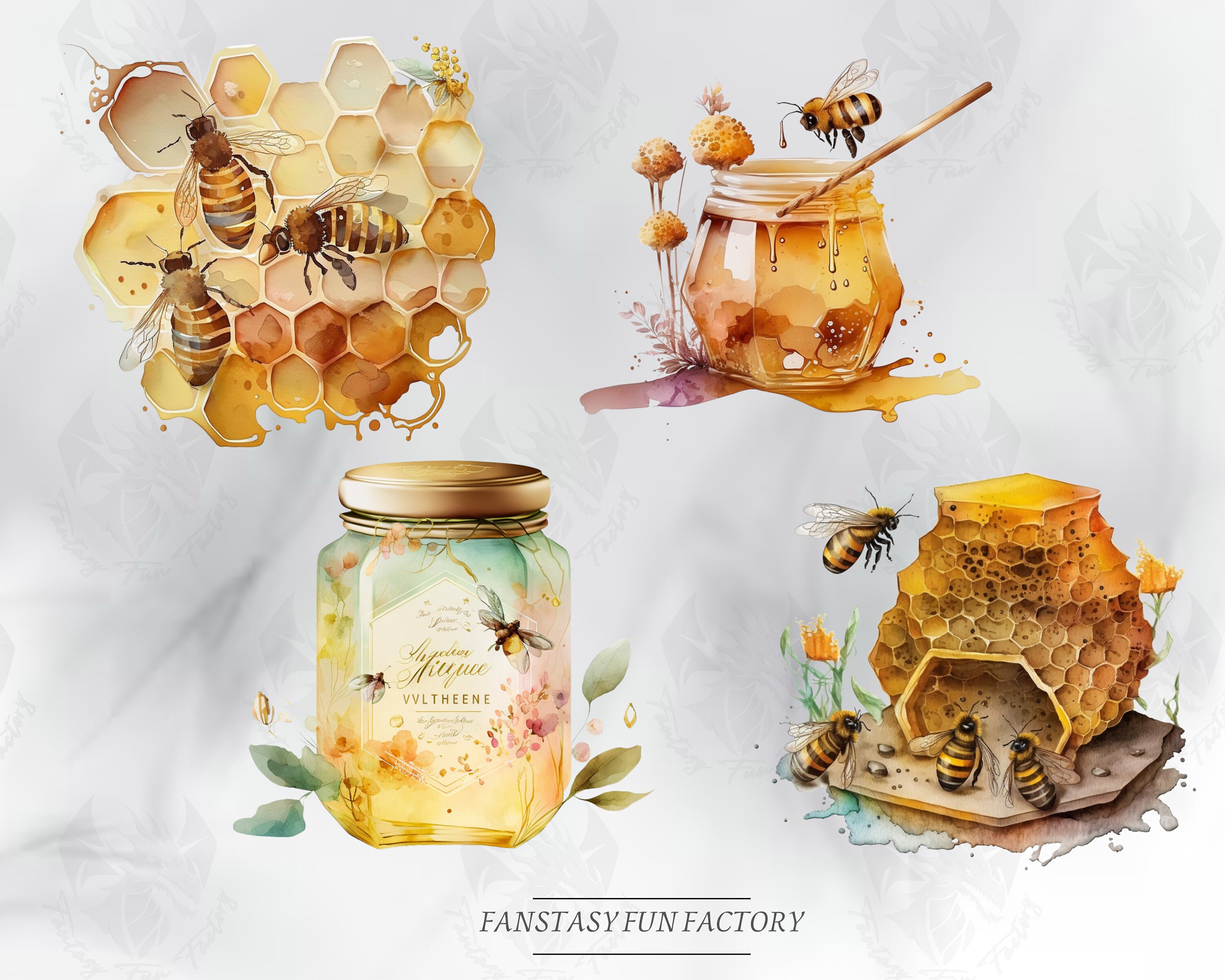 Watercolor Honey Bee, Clipart, Set of Bees, Honey, Beehive, Cute Bees ...