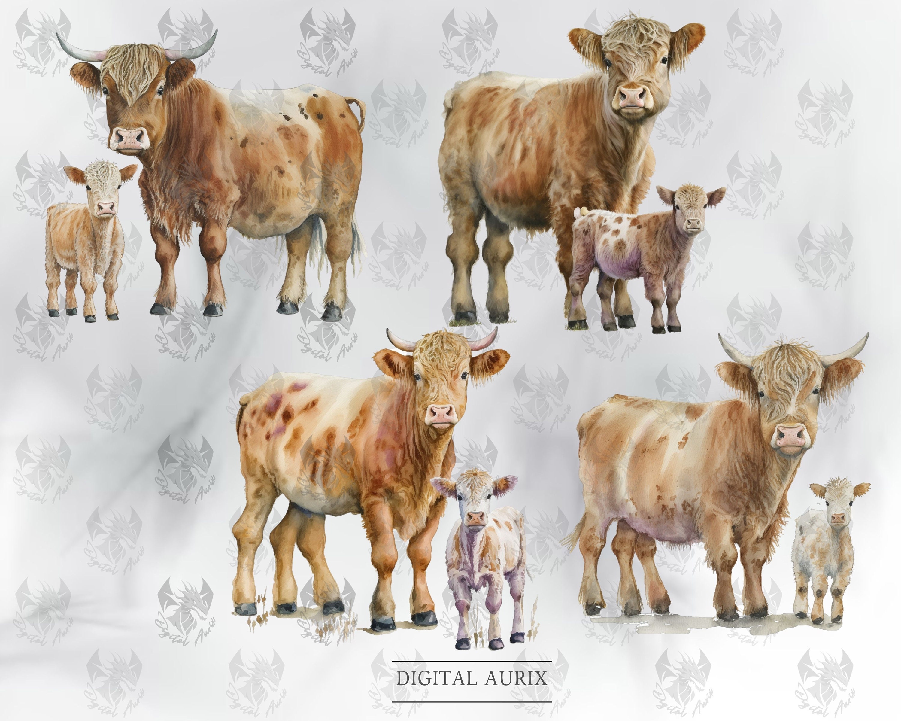 Watercolor Highland Cow and Baby Clipart, Watercolor Clipart, Highland ...