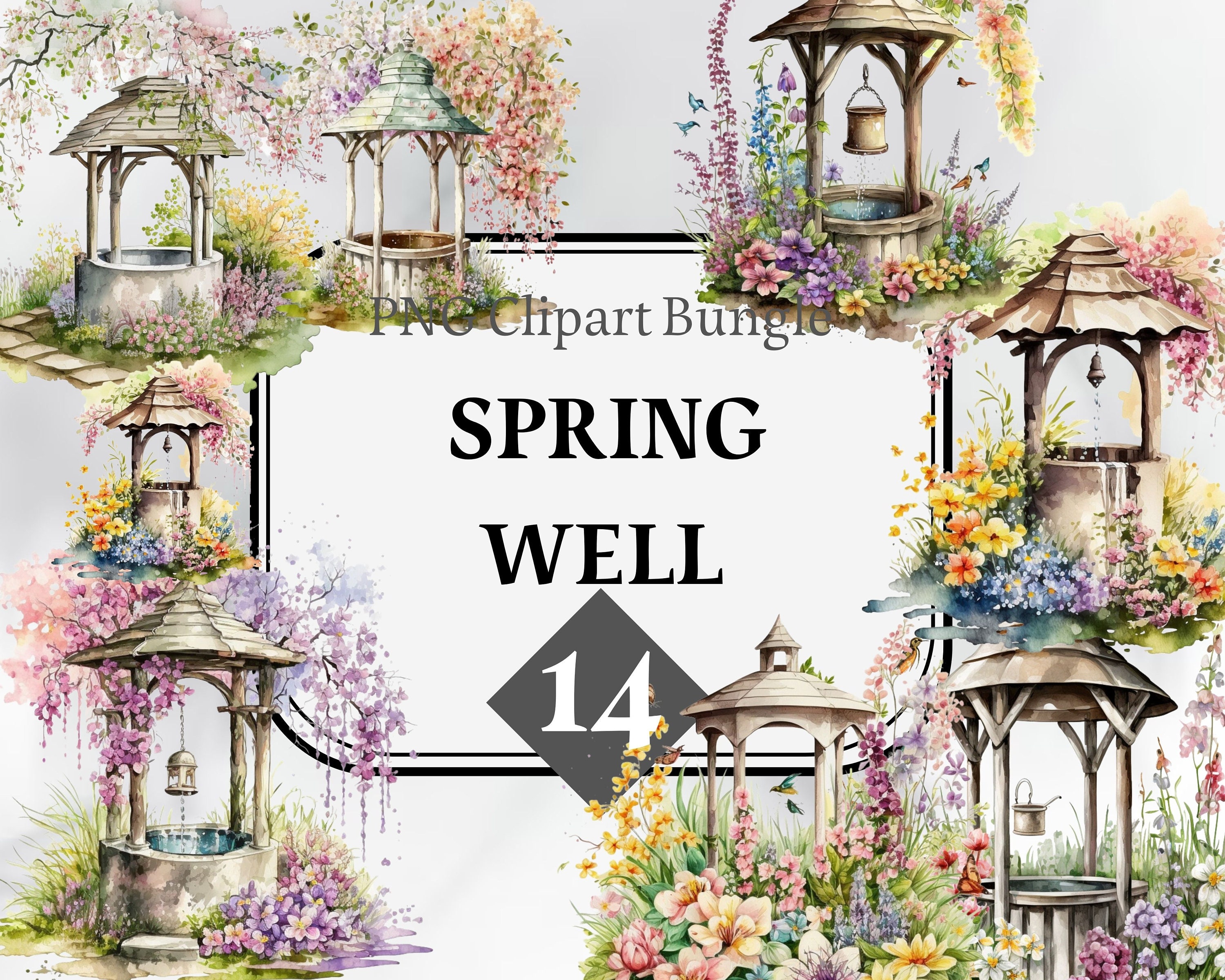 Watercolor Spring Well With Flowers Clipart Flowers Blossom - Etsy