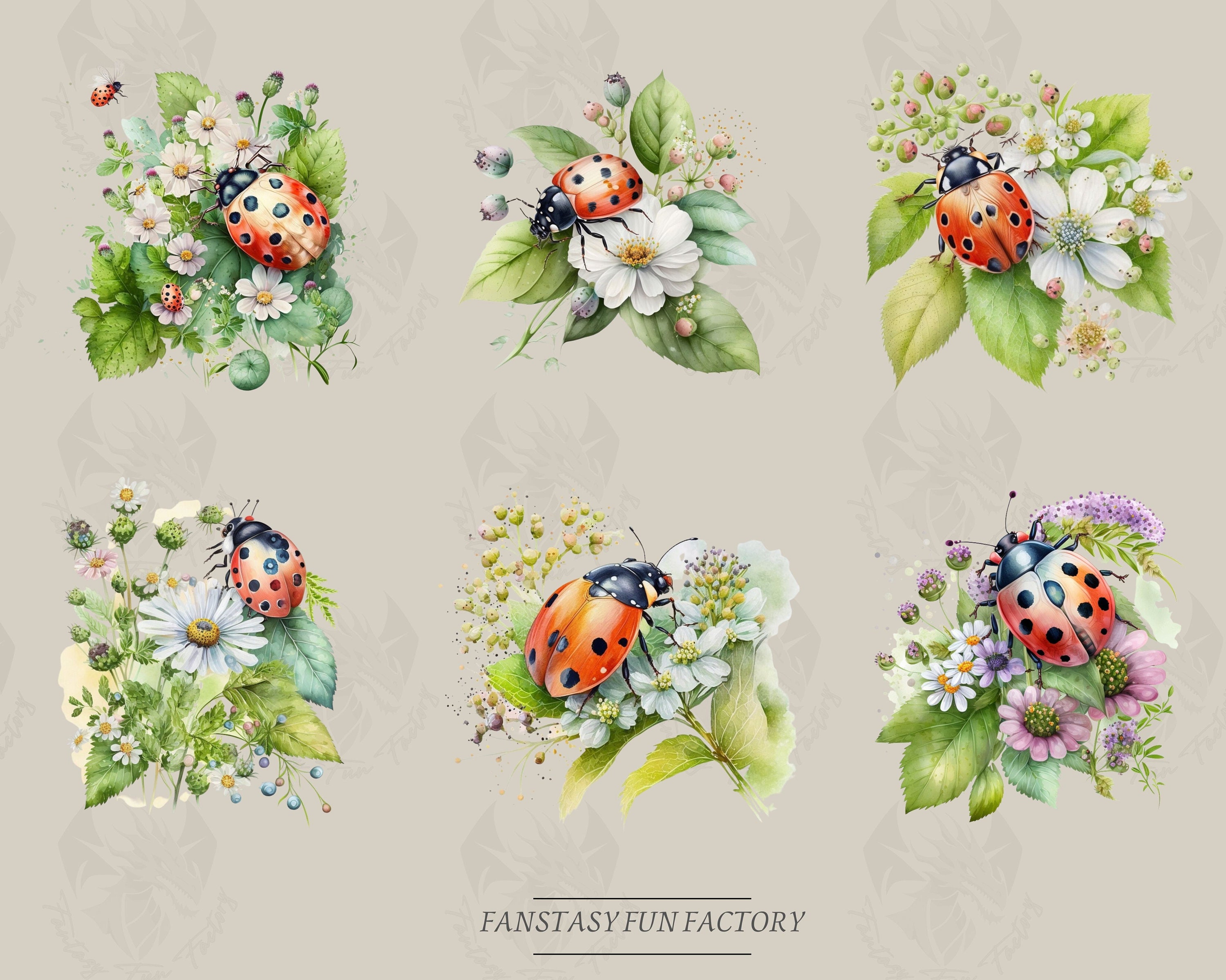 Watercolor Lady Bug on Leaves Flowers Clipart, Springtime, Blossoms ...