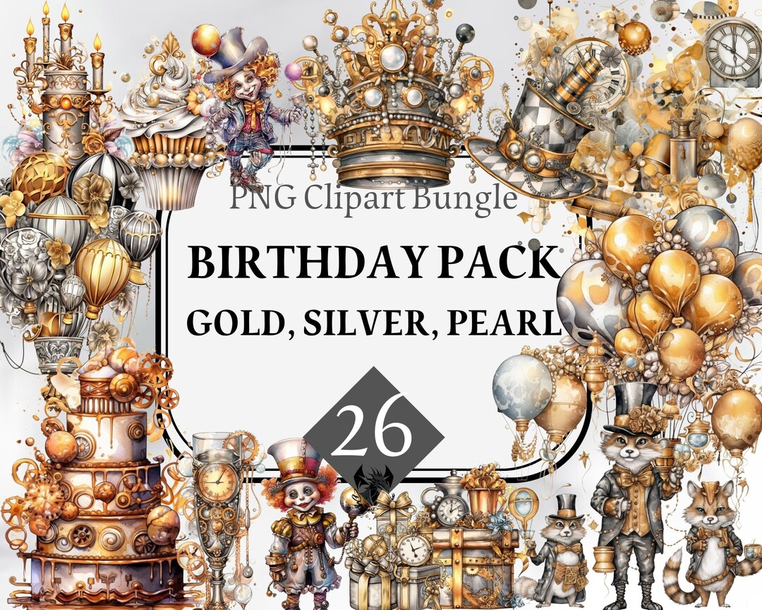 Steampunk Silver Gold Birthday Party Cake Present Balloons Clipart ...