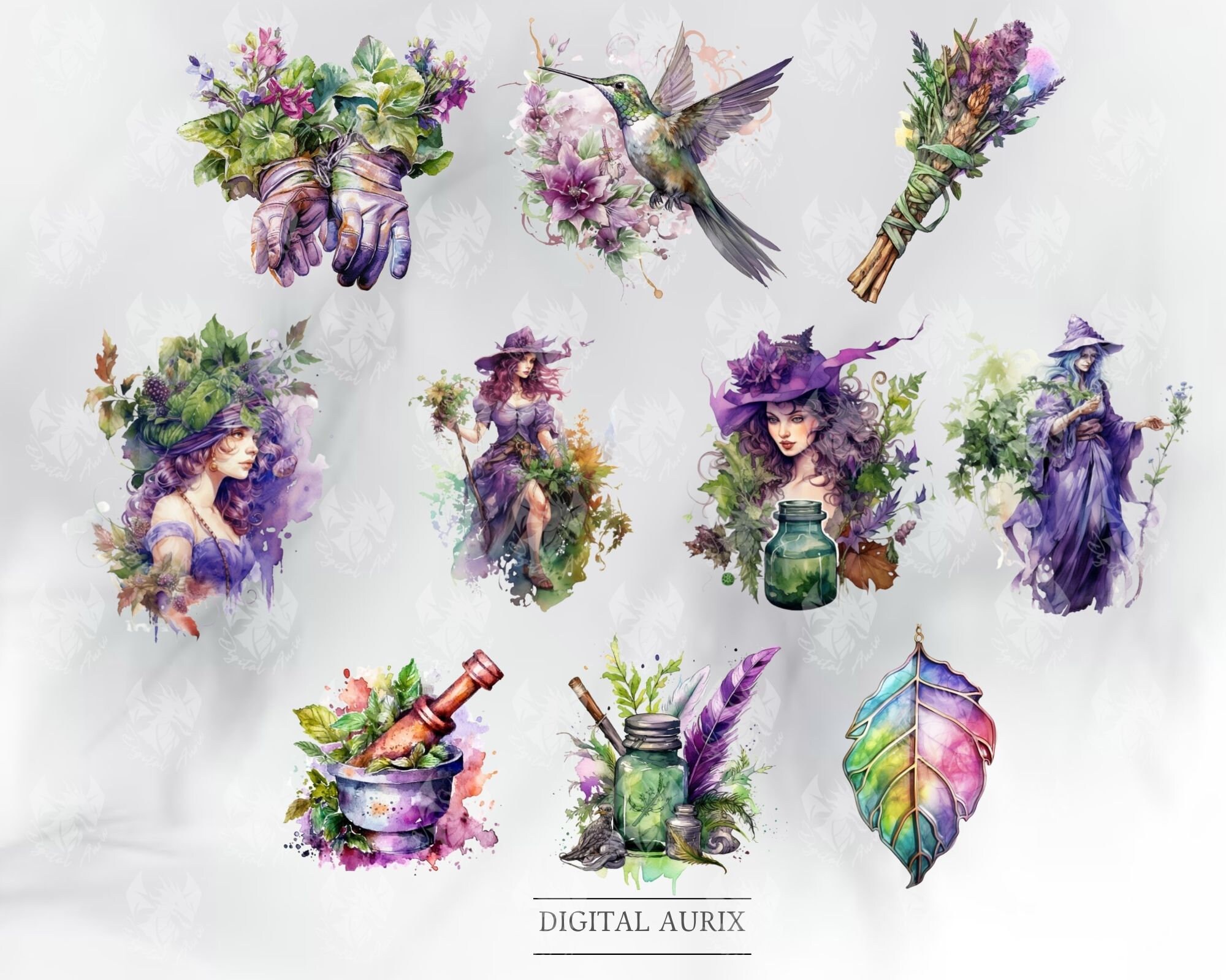 Herbal Witch Watercolor Clipart, Witch Black Style, Magical Clipart ...