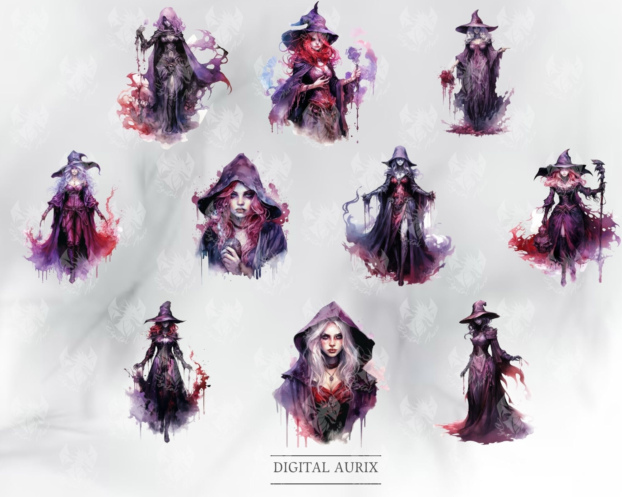 Necromancer Witch Watercolor Clipart Witch Black Style - Etsy