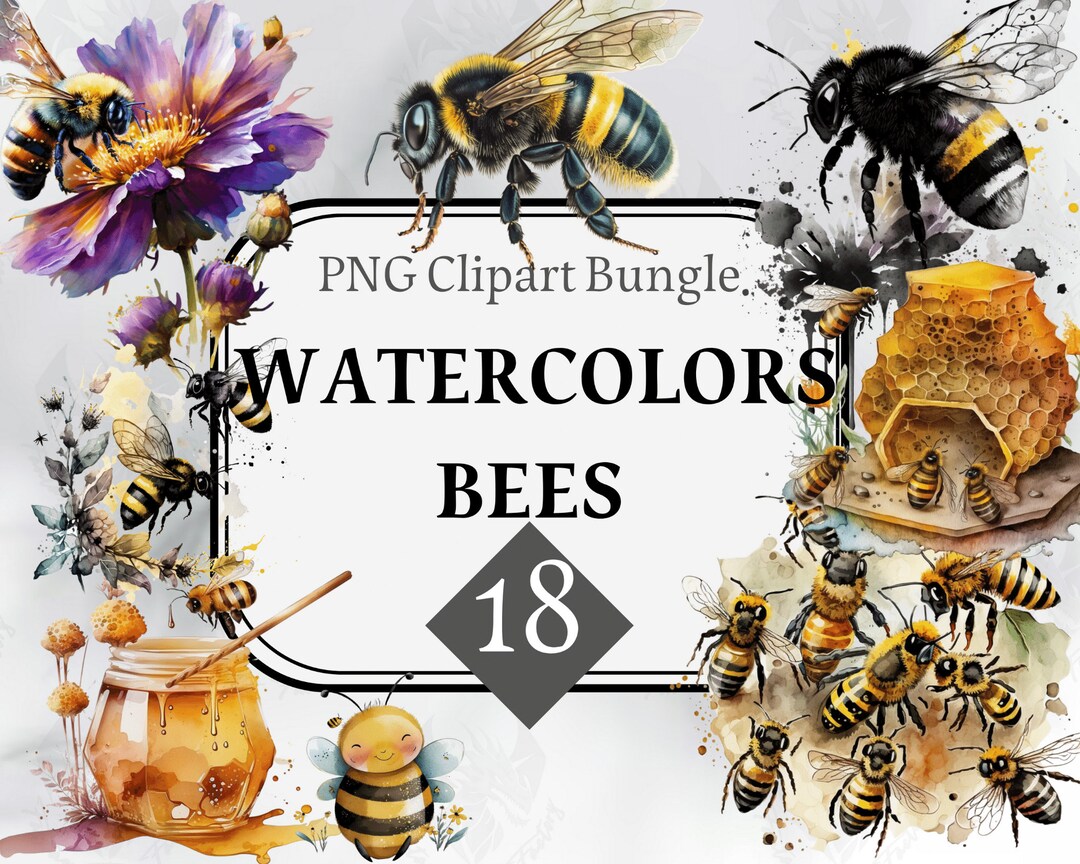 Watercolor Honey Bee, Clipart, Set of Bees, Honey, Beehive, Cute Bees ...