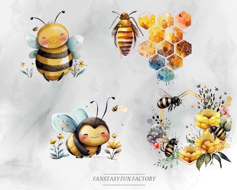 Watercolor Honey Bee, Clipart, Set of Bees, Honey, Beehive, Cute Bees ...