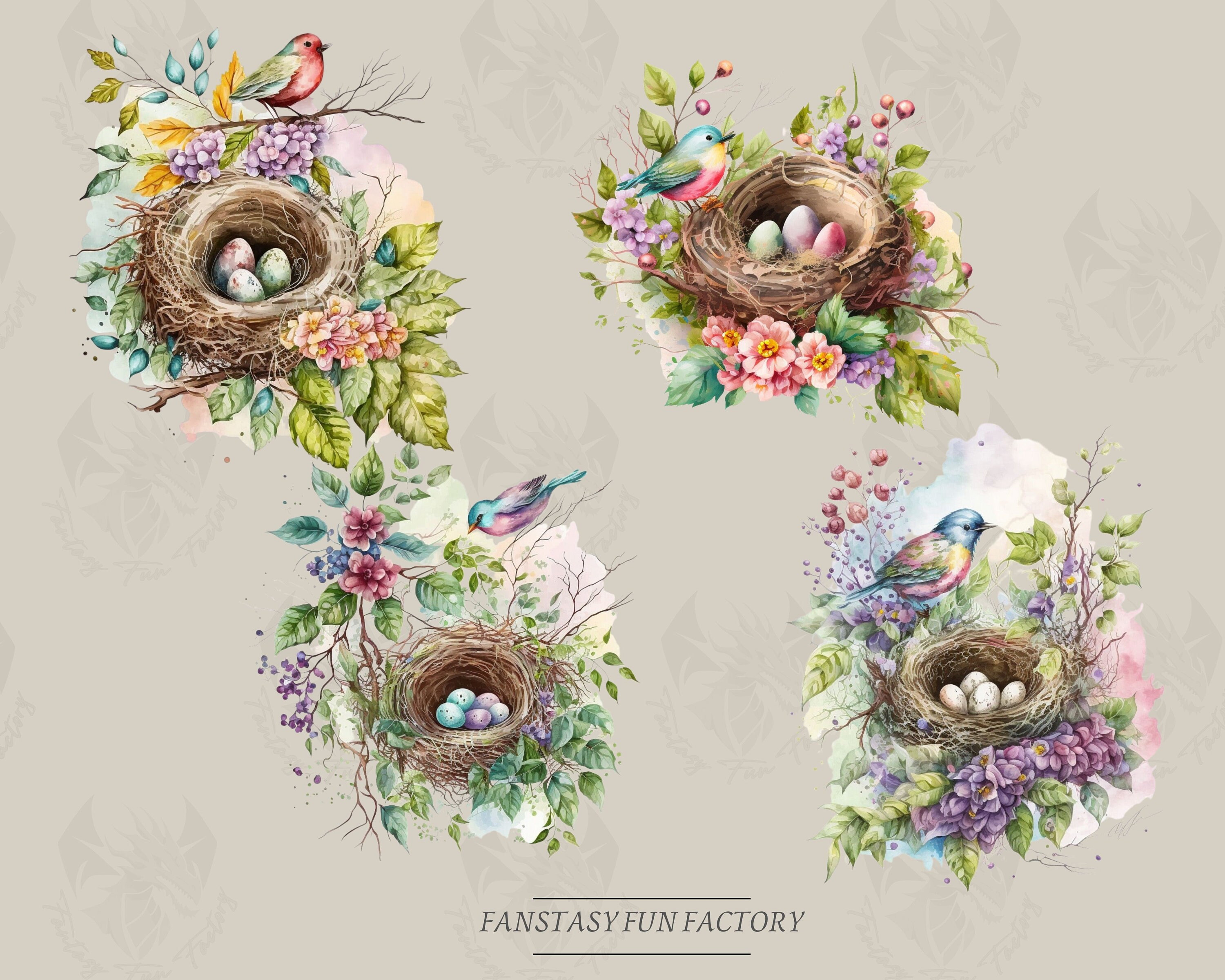 Watercolor Nests Clipart, Springtime, Cute, Bird Nests, Flowers ...