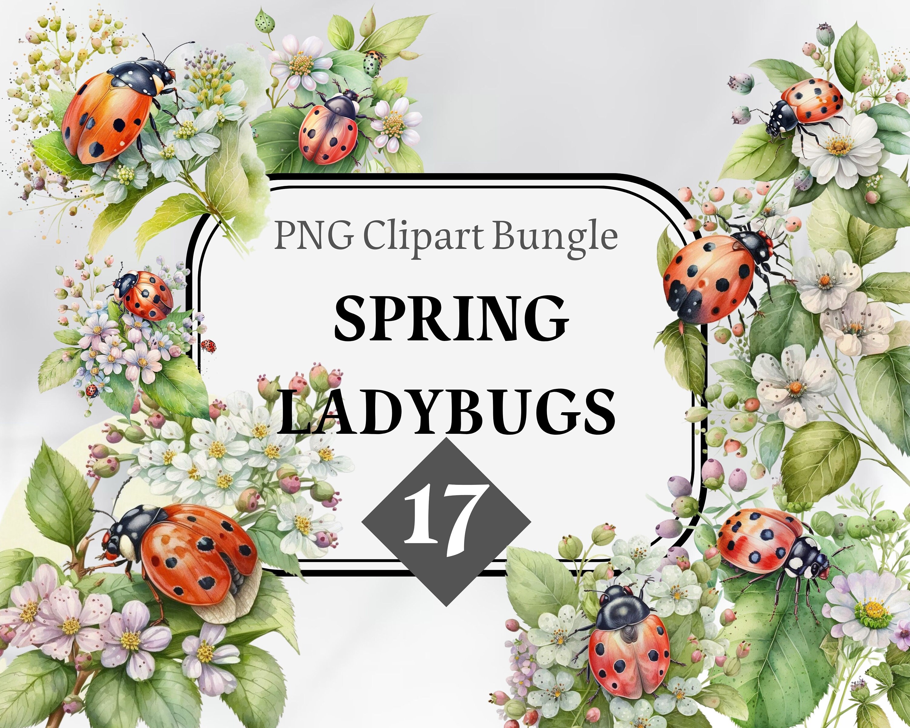 Watercolor Lady Bug on Leaves Flowers Clipart, Springtime, Blossoms ...