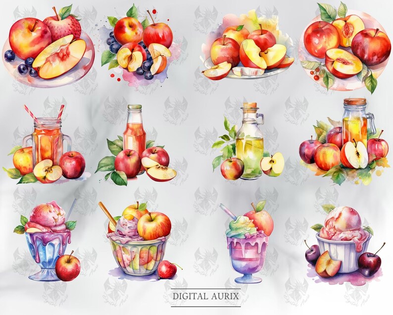 Watercolor Apples Clipart, Digital Png, Apple Pie, Shortcake Graphics ...