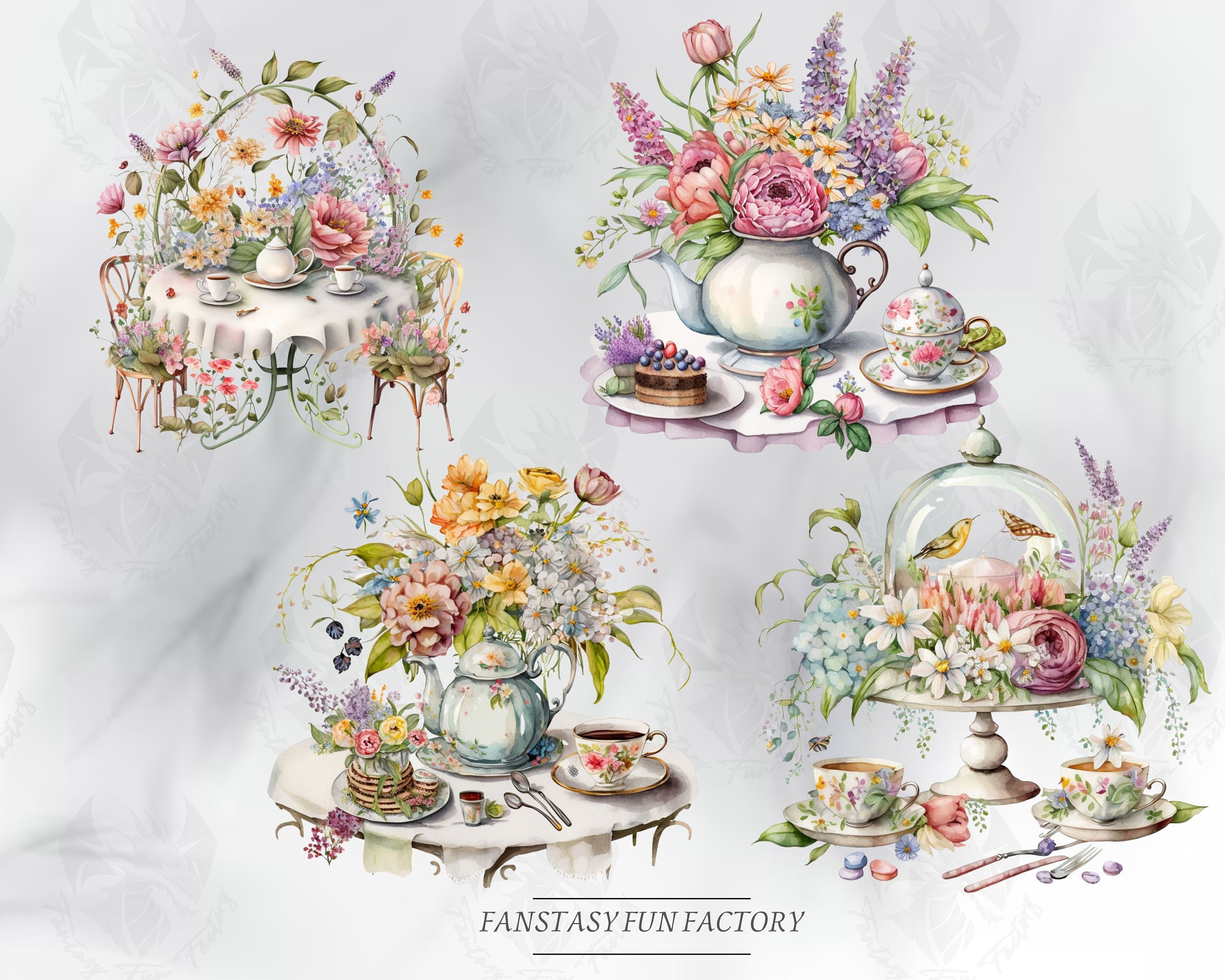 Watercolor Tea Party Table , Tea Party Table With Flowers, Blossoms ...