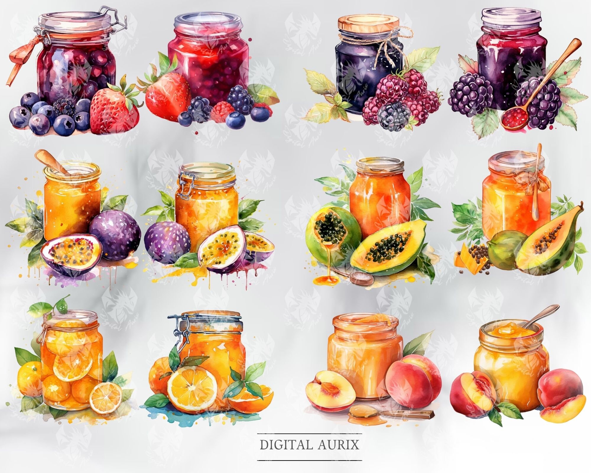 Watercolor Colorfull Jam Jars Clipart Digital Png Instant - Etsy