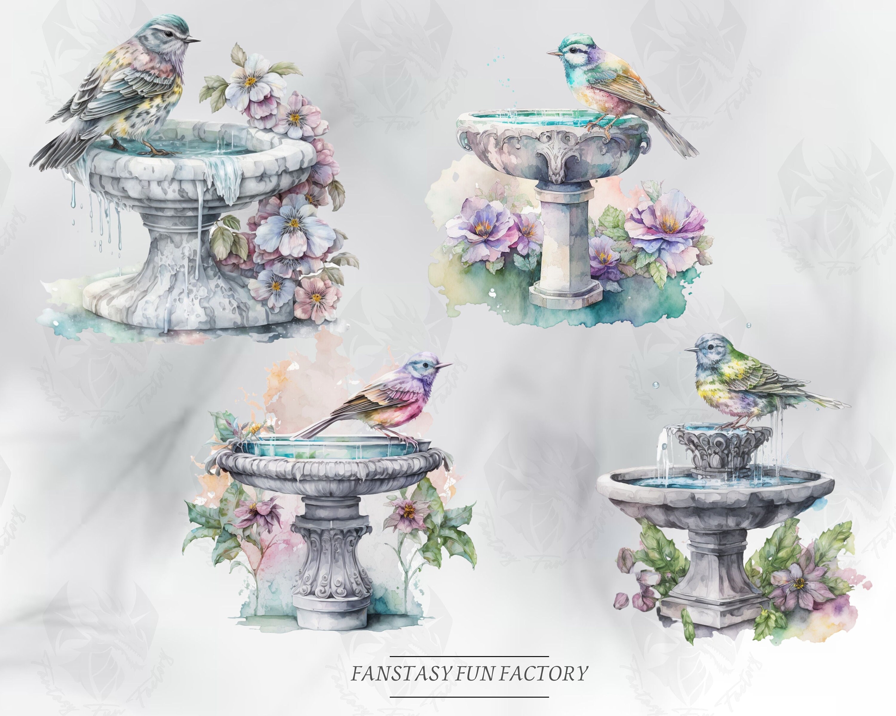 Watercolor Bird Fountain, Springtime, Cute, Flowers, Blossoms, Spring ...