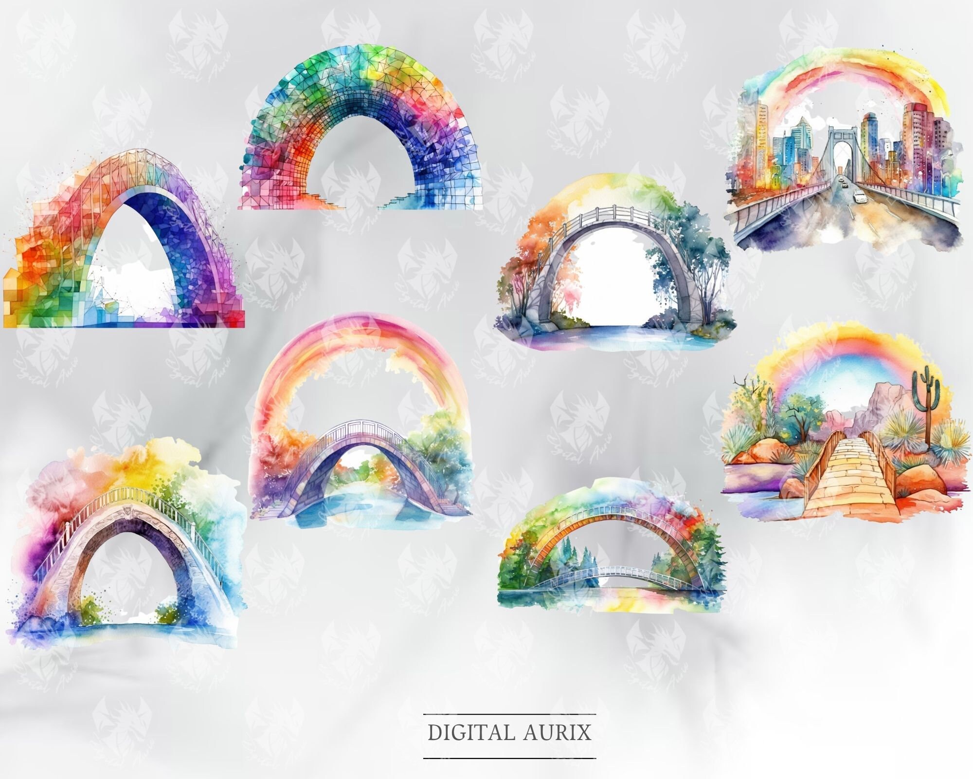 Watercolor Rainbow Bridges Clipart, Heaven, Paradise, Steampunk ...