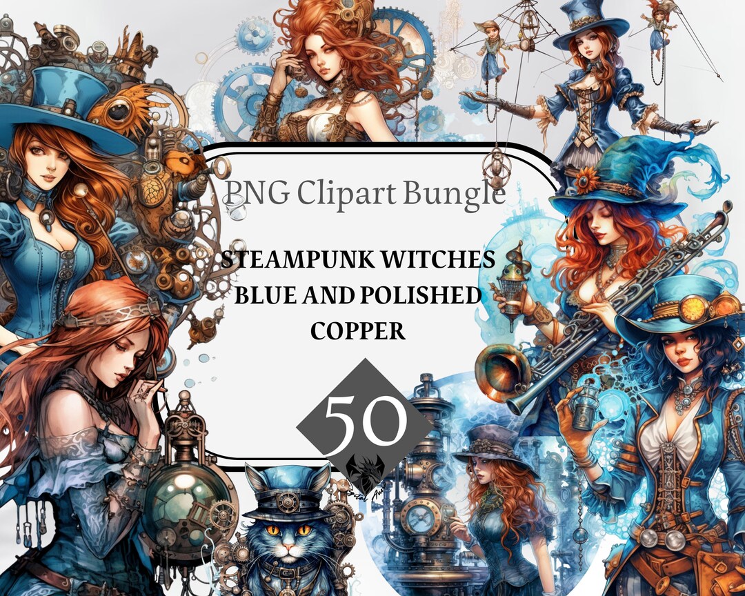 Steampunk Witches Blue and Polished Copper, Witch Black Style, Magical ...