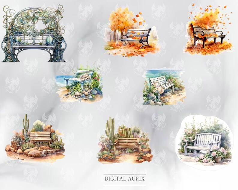 Watercolor Garden Bench Cliprt, Garden Bench, Spring, Flower, Blosson ...
