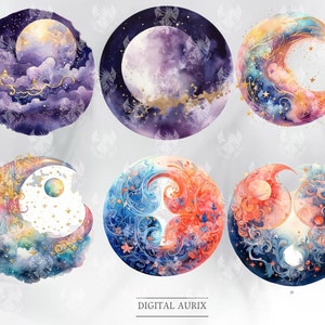 Watercolor Moon Clipart, Floral Crescent Moons, Fantasy Magic, Galaxy ...