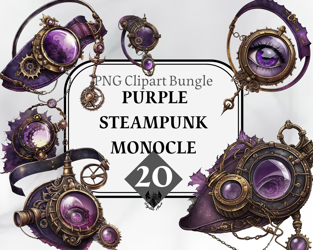Purple Steampunk Monocles Clipart Watercolor Steampunkpng Victorian Clipart Bundle Digital