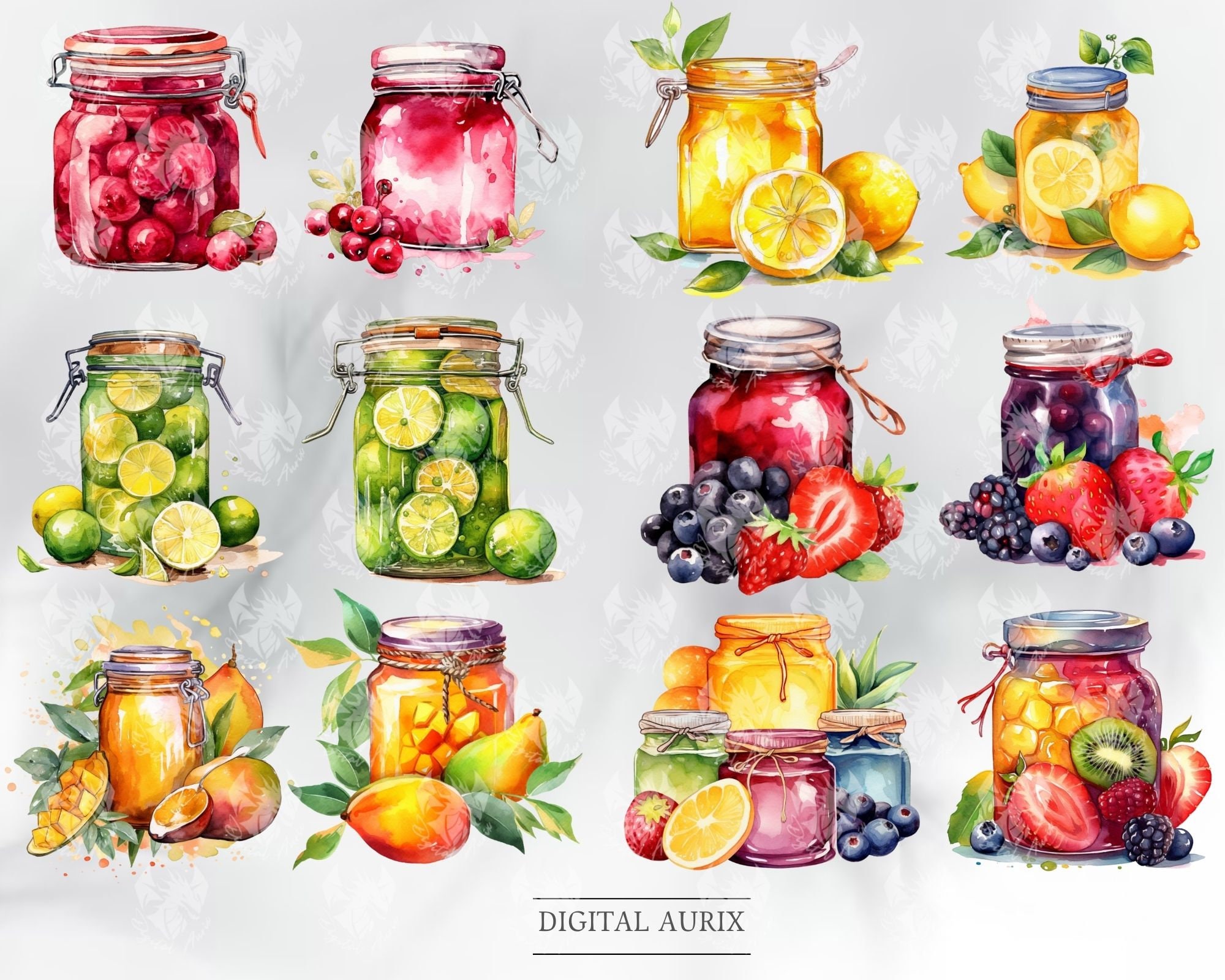 Watercolor Colorfull Jam Jars Clipart Digital Png Instant - Etsy