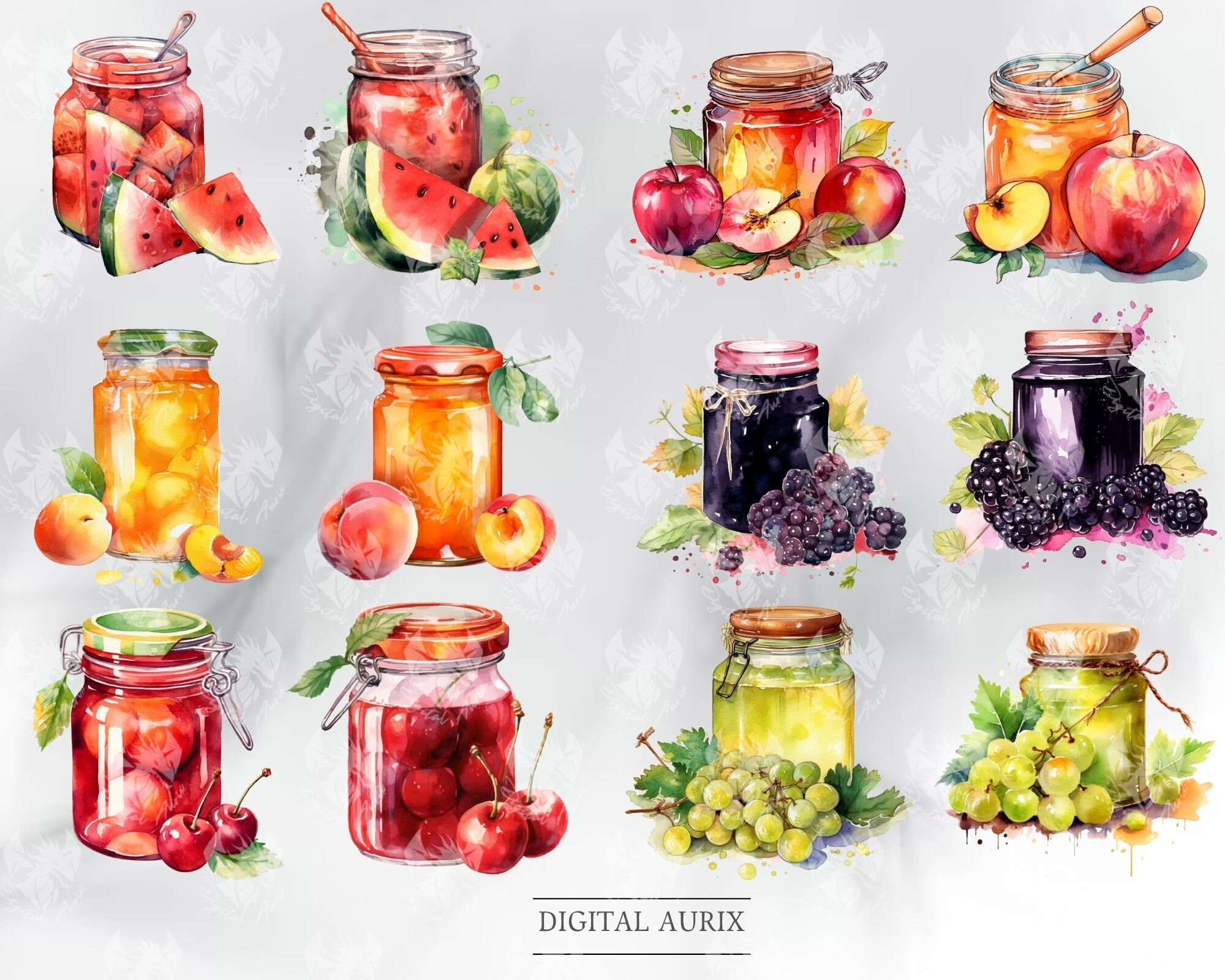 Watercolor Colorfull Jam Jars Clipart Digital Png Instant - Etsy
