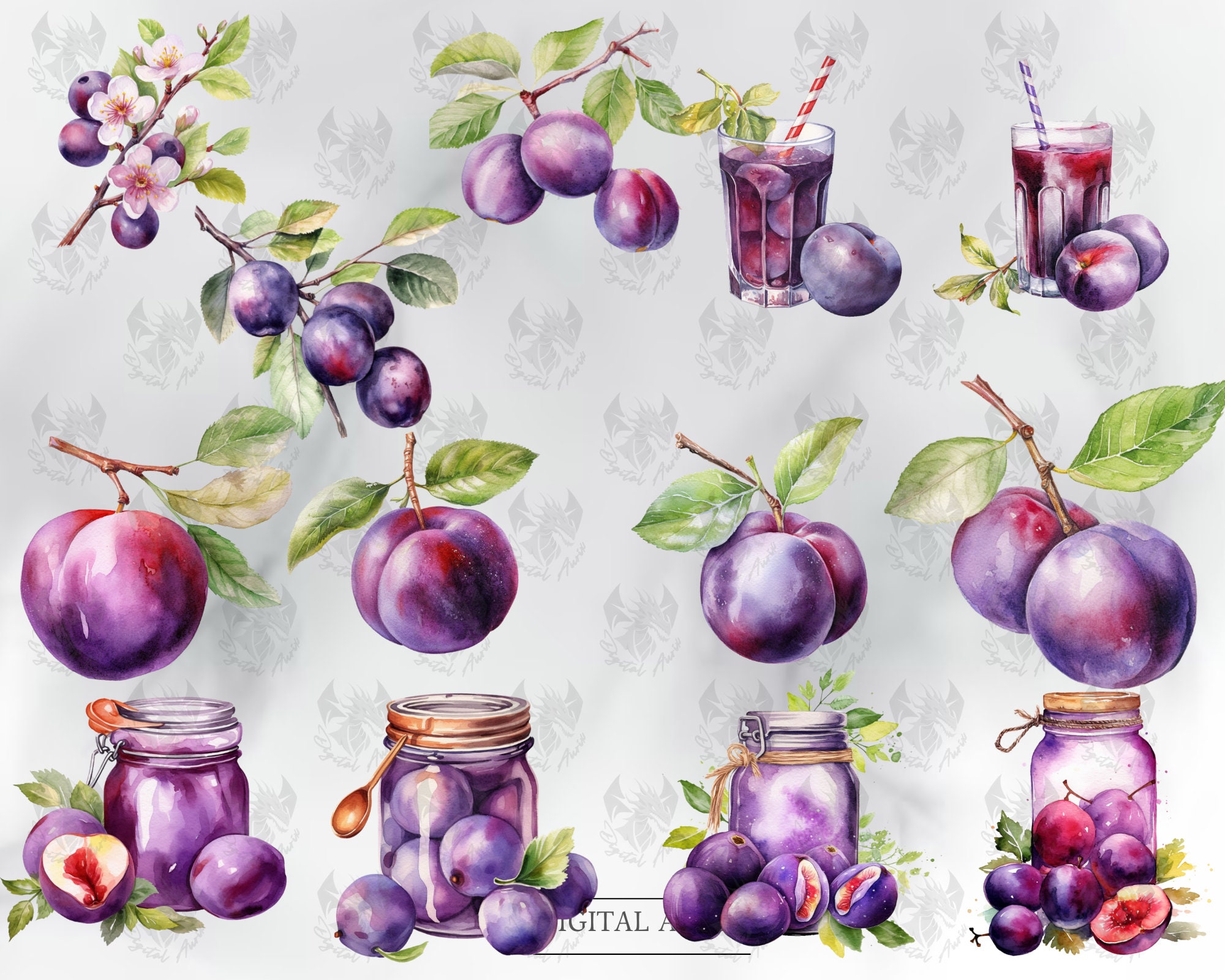 Watercolor Plums Clipart, Digital Png, Plum Cupcake, Shortcake Graphics ...
