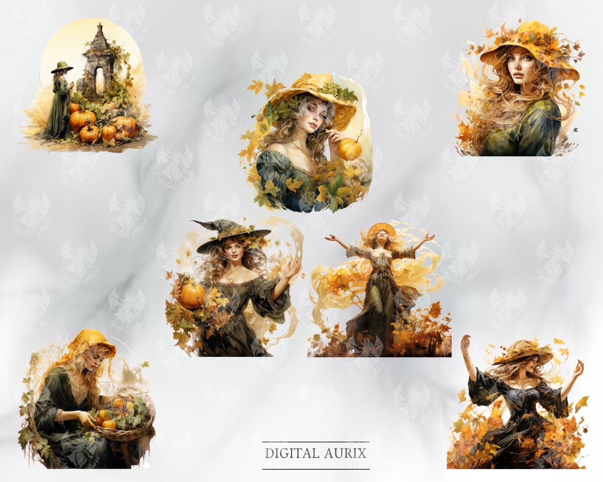 Witches of a Harvest Clipart Bundle Autumn Witches Watercolor - Etsy