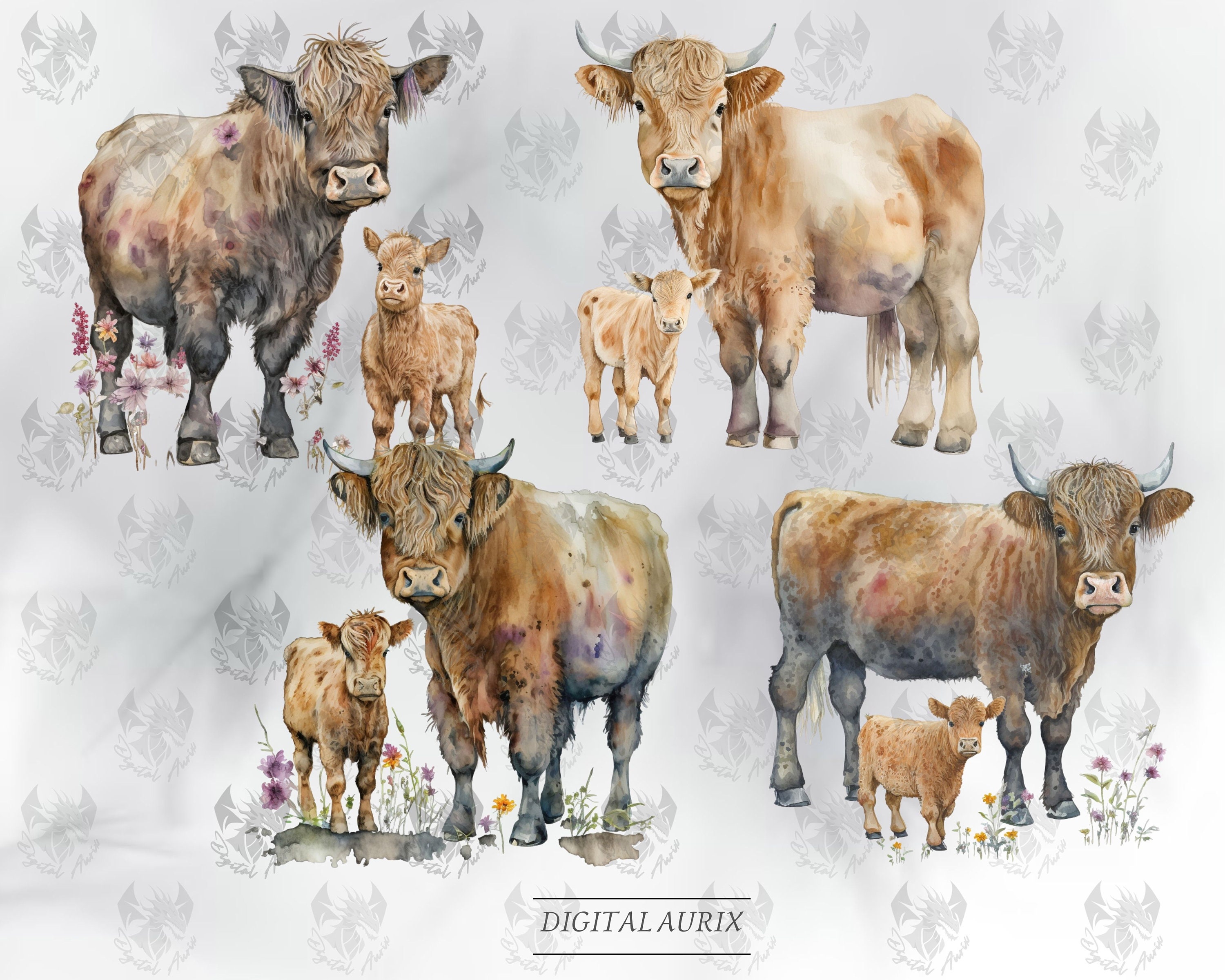 Watercolor Highland Cow and Baby Clipart, Watercolor Clipart, Highland ...