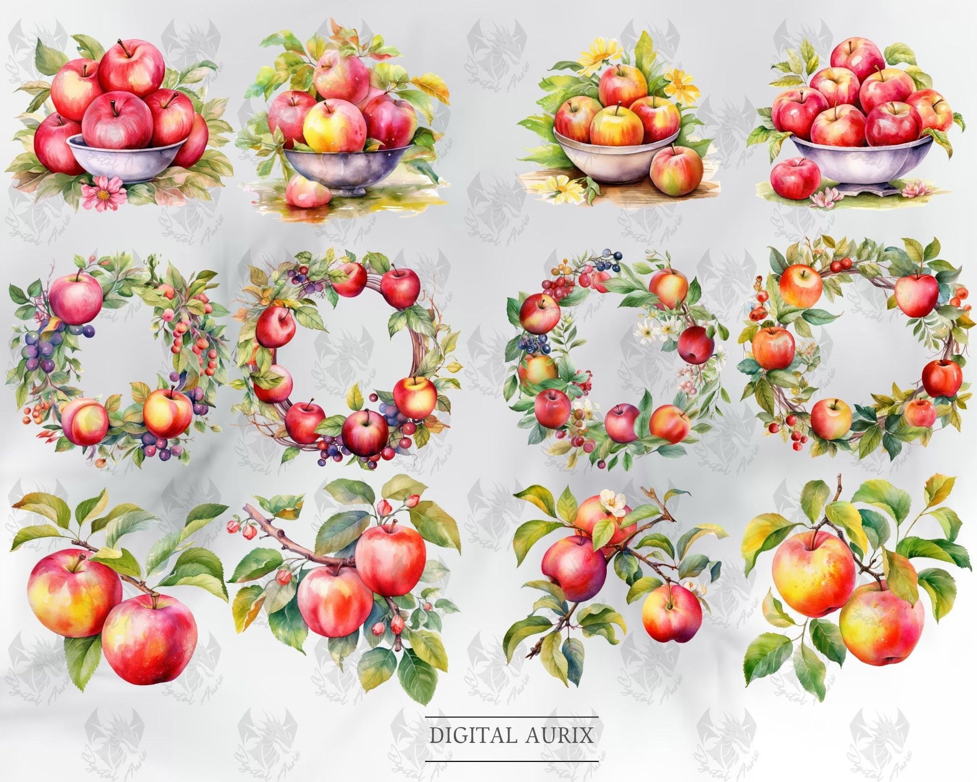 Watercolor Apples Clipart, Digital Png, Apple Pie, Shortcake Graphics ...