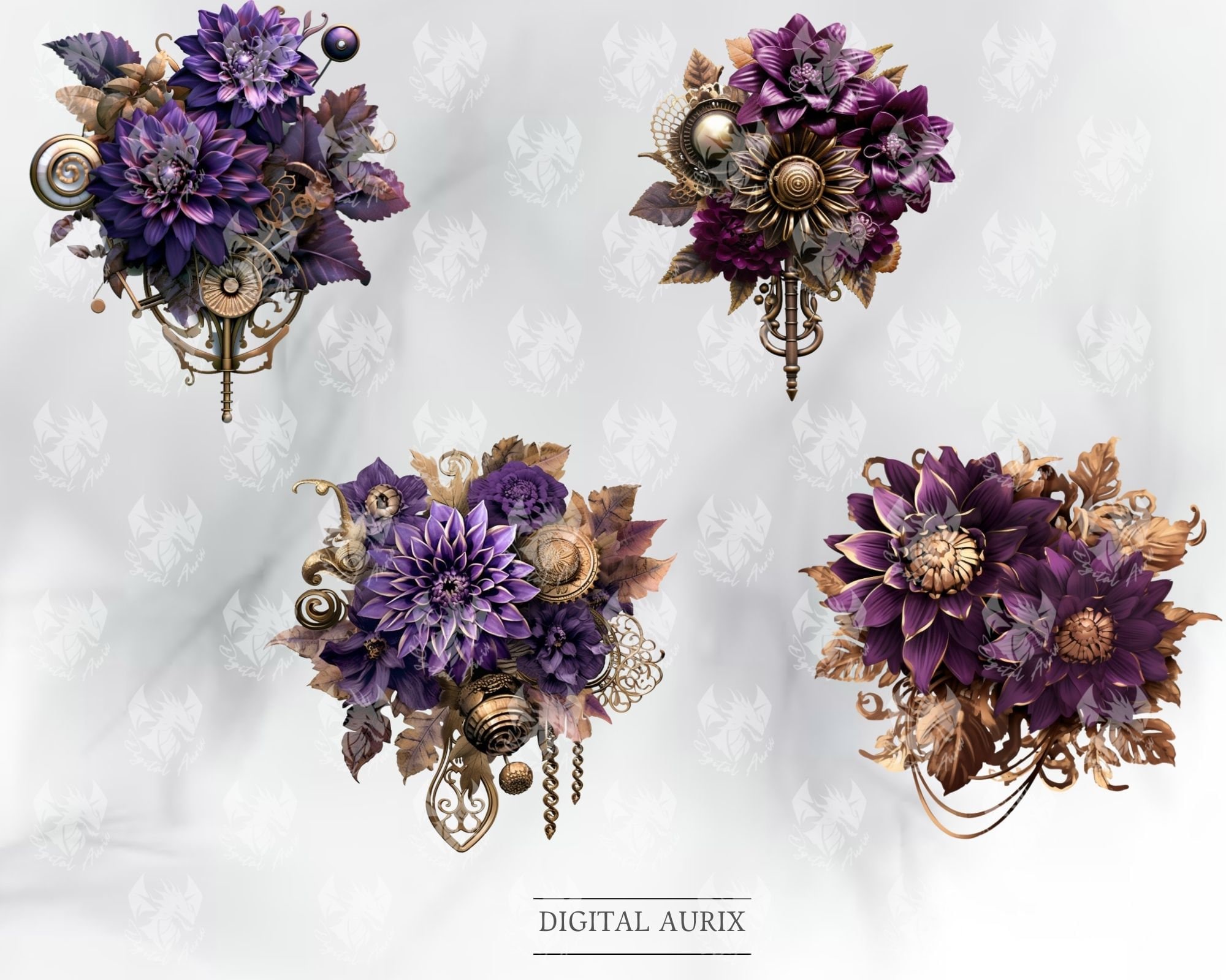 Steampunk Flower Bouquet Clipart, Sunflower, Tulip, Dahlia, Steampunk ...