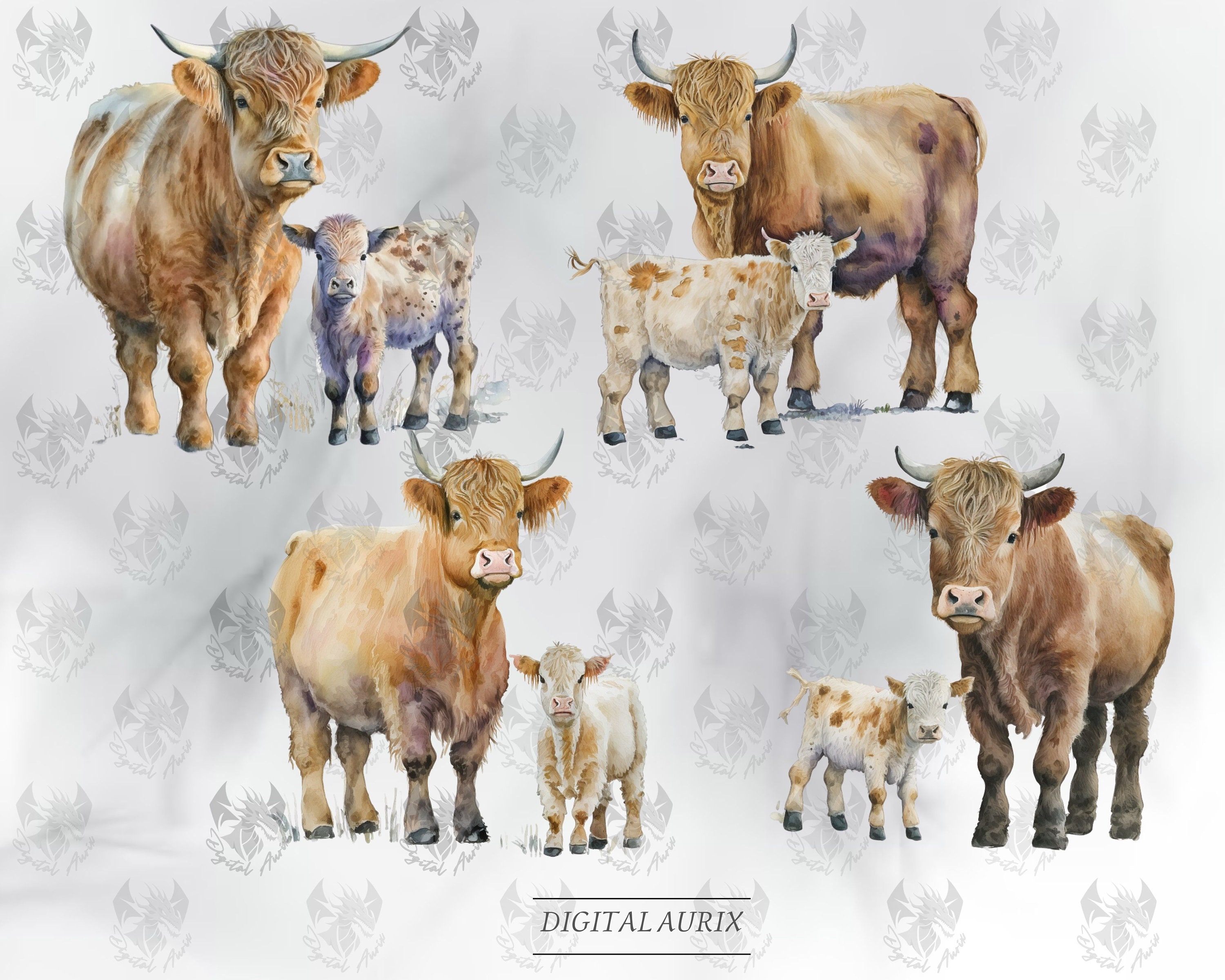 Watercolor Highland Cow and Baby Clipart, Watercolor Clipart, Highland ...