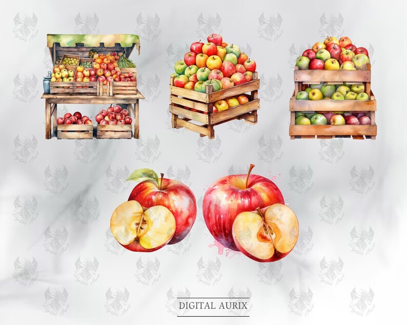 Watercolor Apples Clipart, Digital Png, Apple Pie, Shortcake Graphics ...