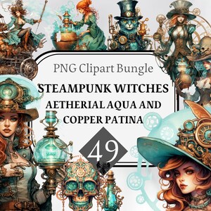 Steampunk Witches Aetherial Aqua and Copper Patina, Witch Black Style, Magical Clipart ...