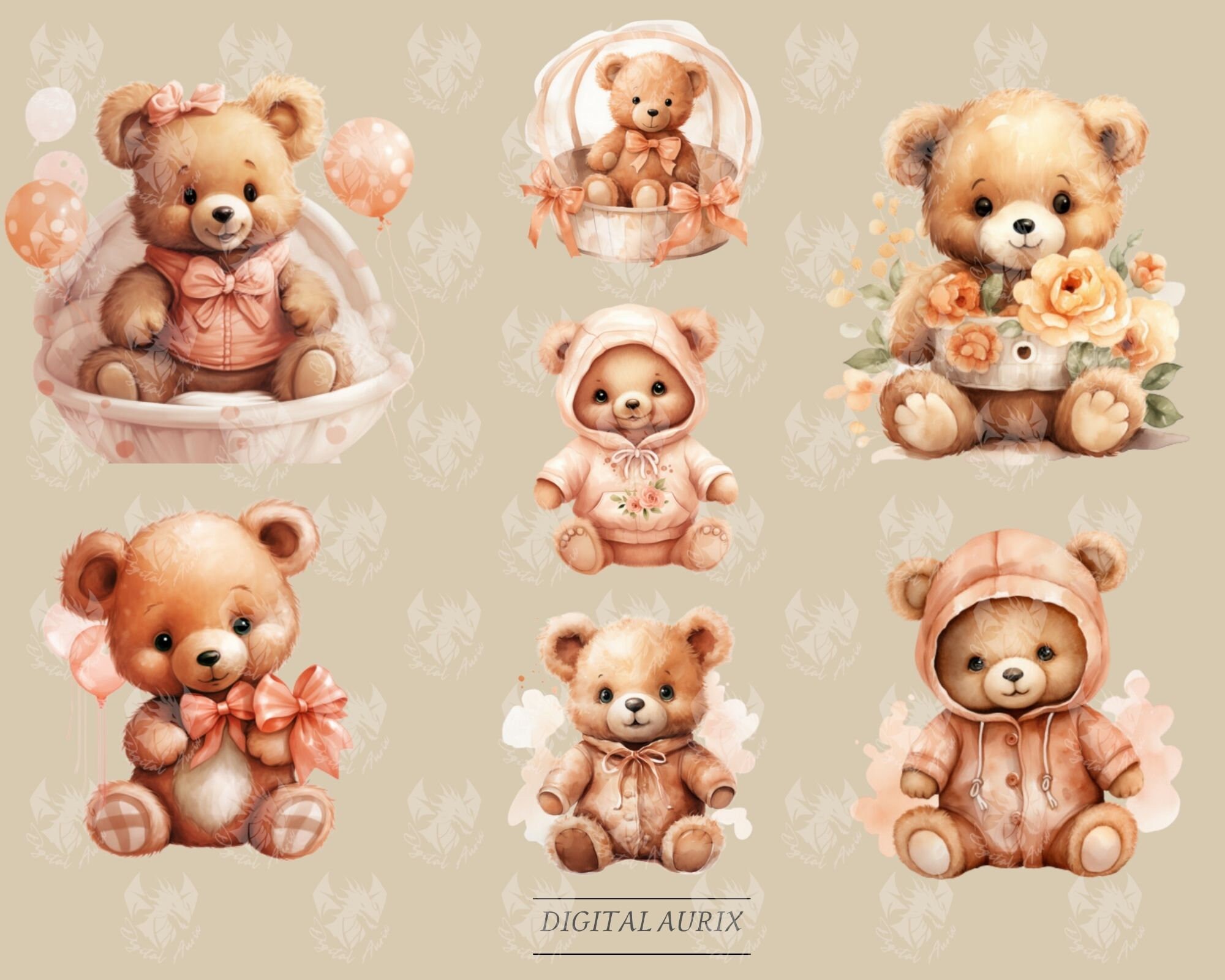Watercolor Peach Teddy Bear Clipart for a Girl for a Boy - Etsy