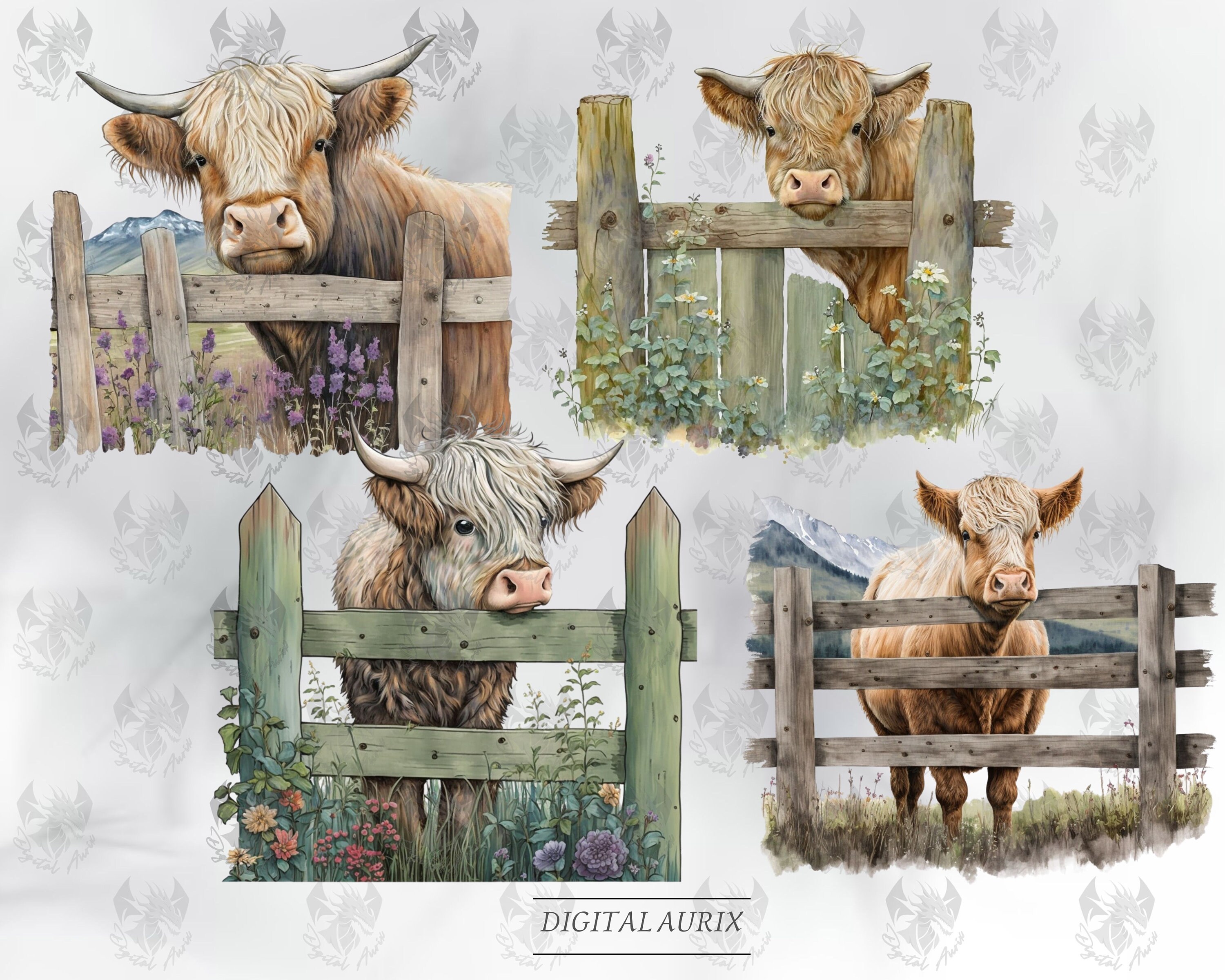 Highland Cows at the Porch Clipart, Highland Cow Png, Watercolor ...