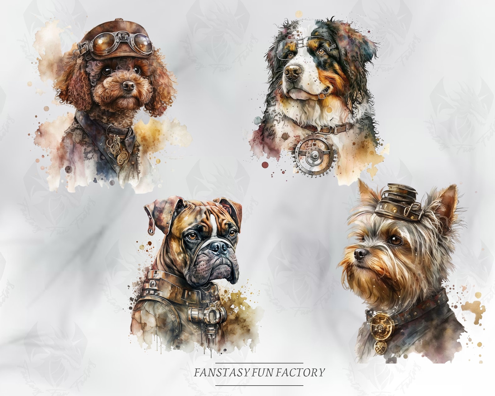Steampunk Dogs Watercolor Clipart, PNG Steampunk Printables, Steampunk ...