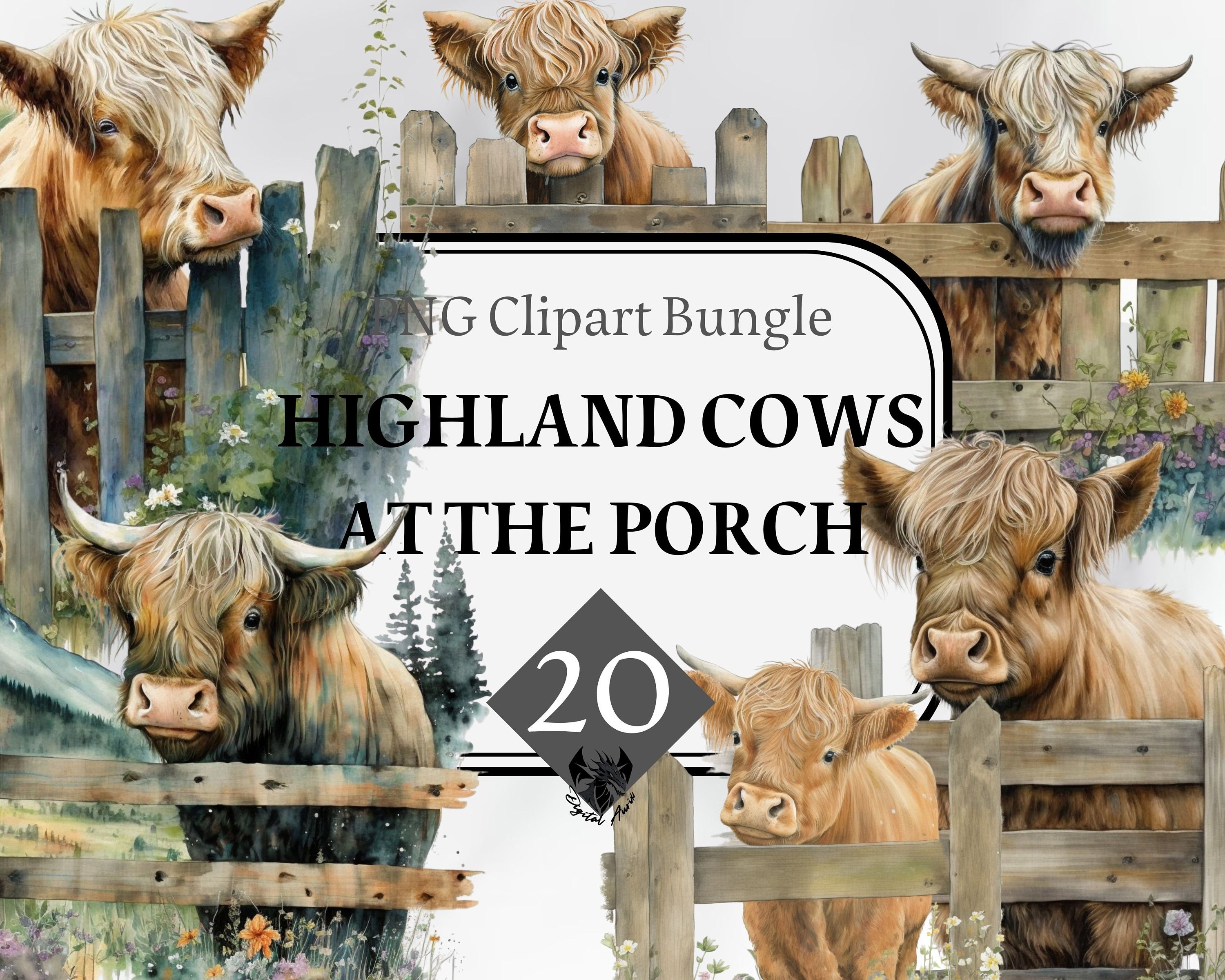 Highland Cows at the Porch Clipart, Highland Cow Png, Watercolor ...