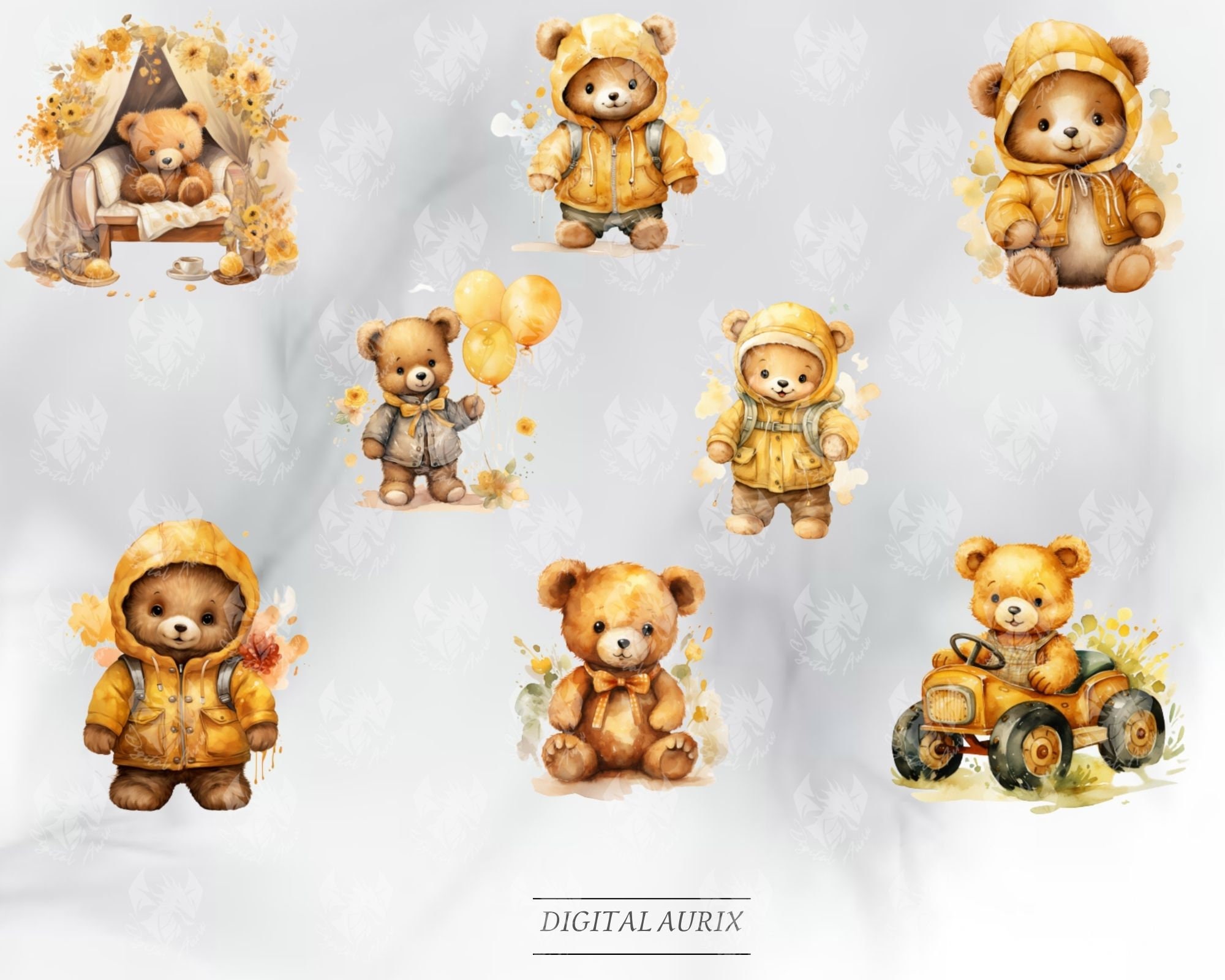 Watercolor Mellow Yellow Teddy Bear Clipart for a Boy - Etsy