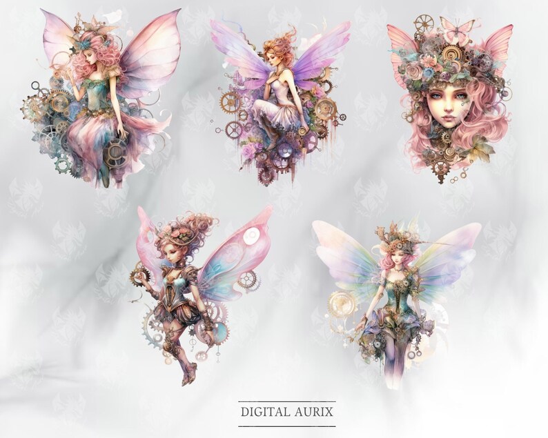 Steampunk Pixies Pink Blue Green Lavender Clipart - Etsy