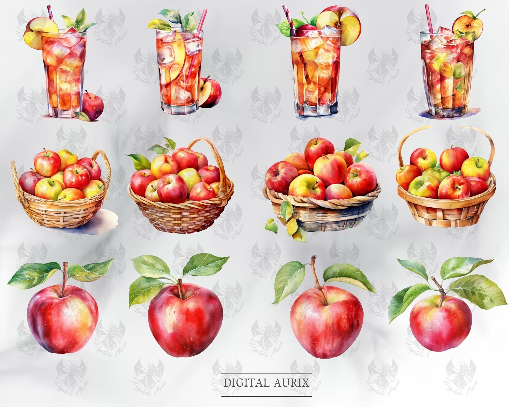 Watercolor Apples Clipart, Digital Png, Apple Pie, Shortcake Graphics ...