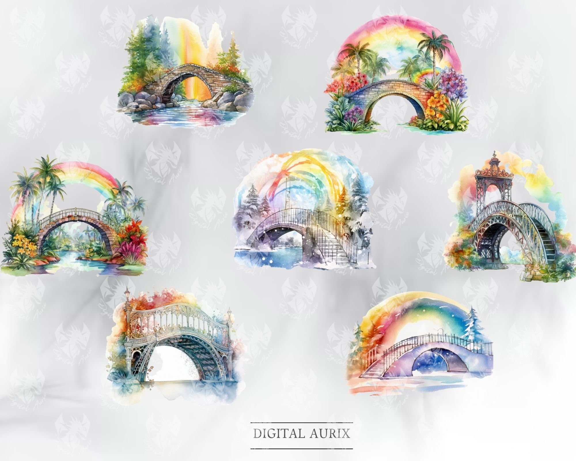 Watercolor Rainbow Bridges Clipart, Heaven, Paradise, Steampunk ...
