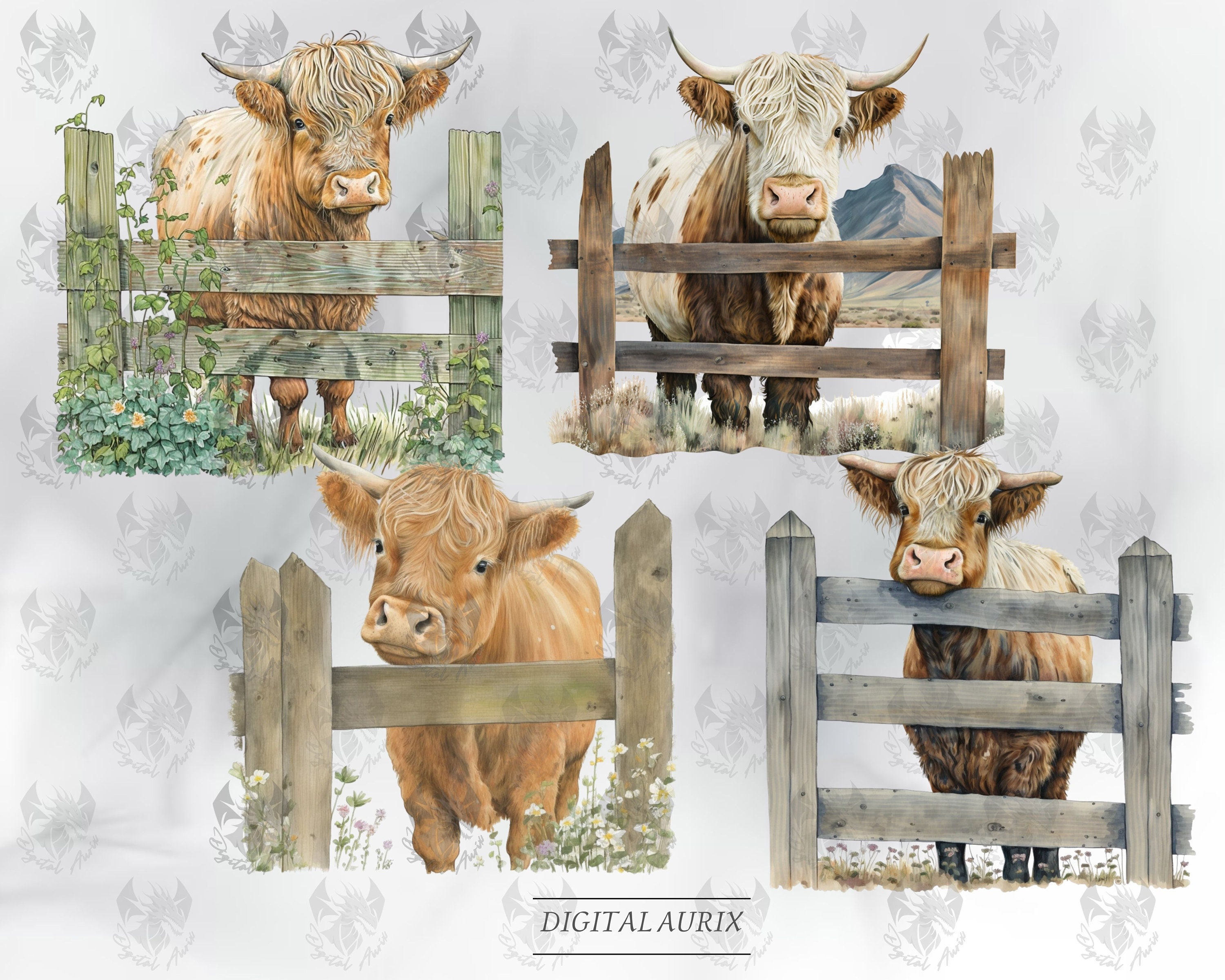 Highland Cows at the Porch Clipart, Highland Cow Png, Watercolor ...